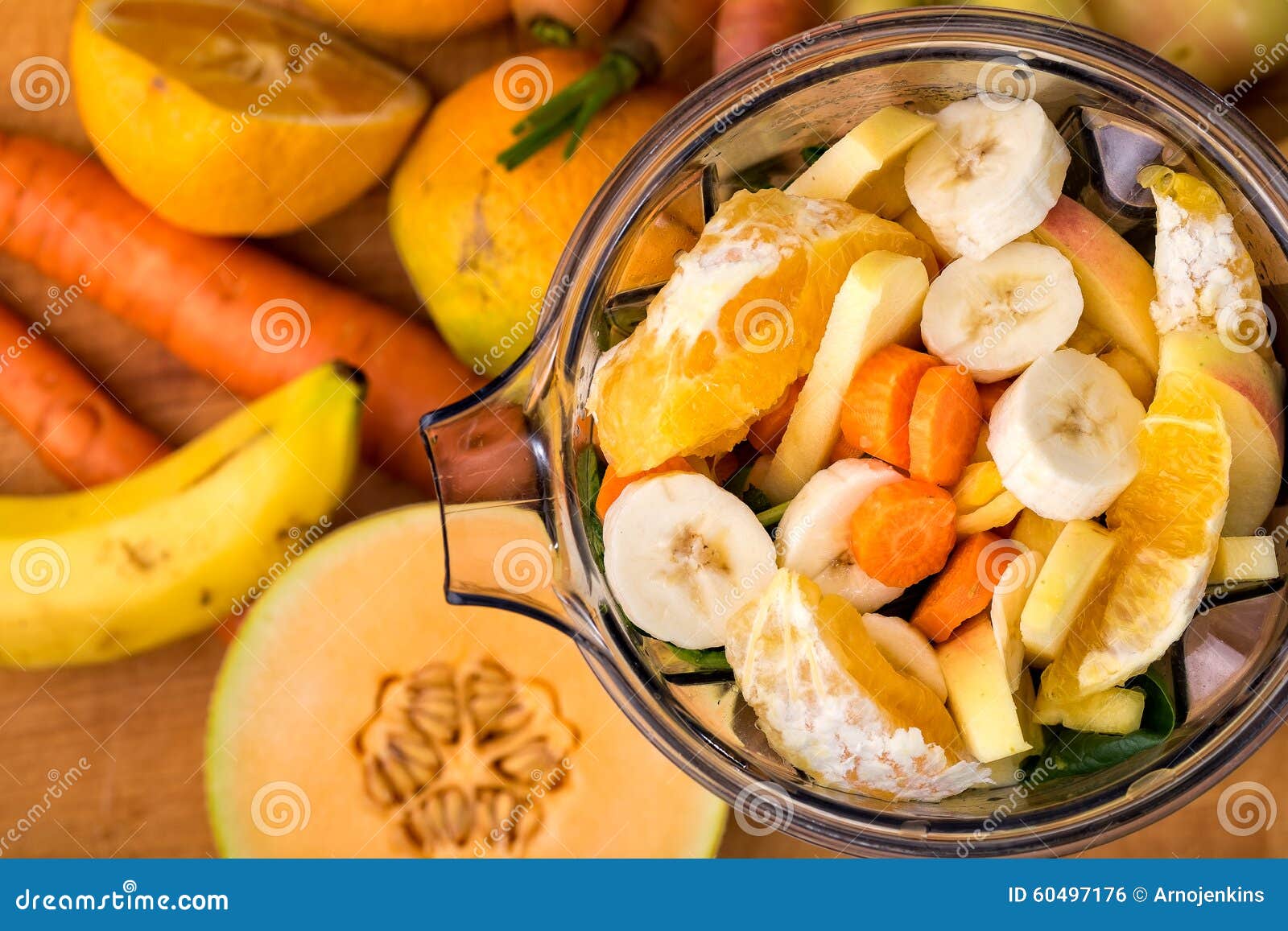 Looking Down at Fresh Cut Fruit and Vegetables in a Blender Stock Photo ...