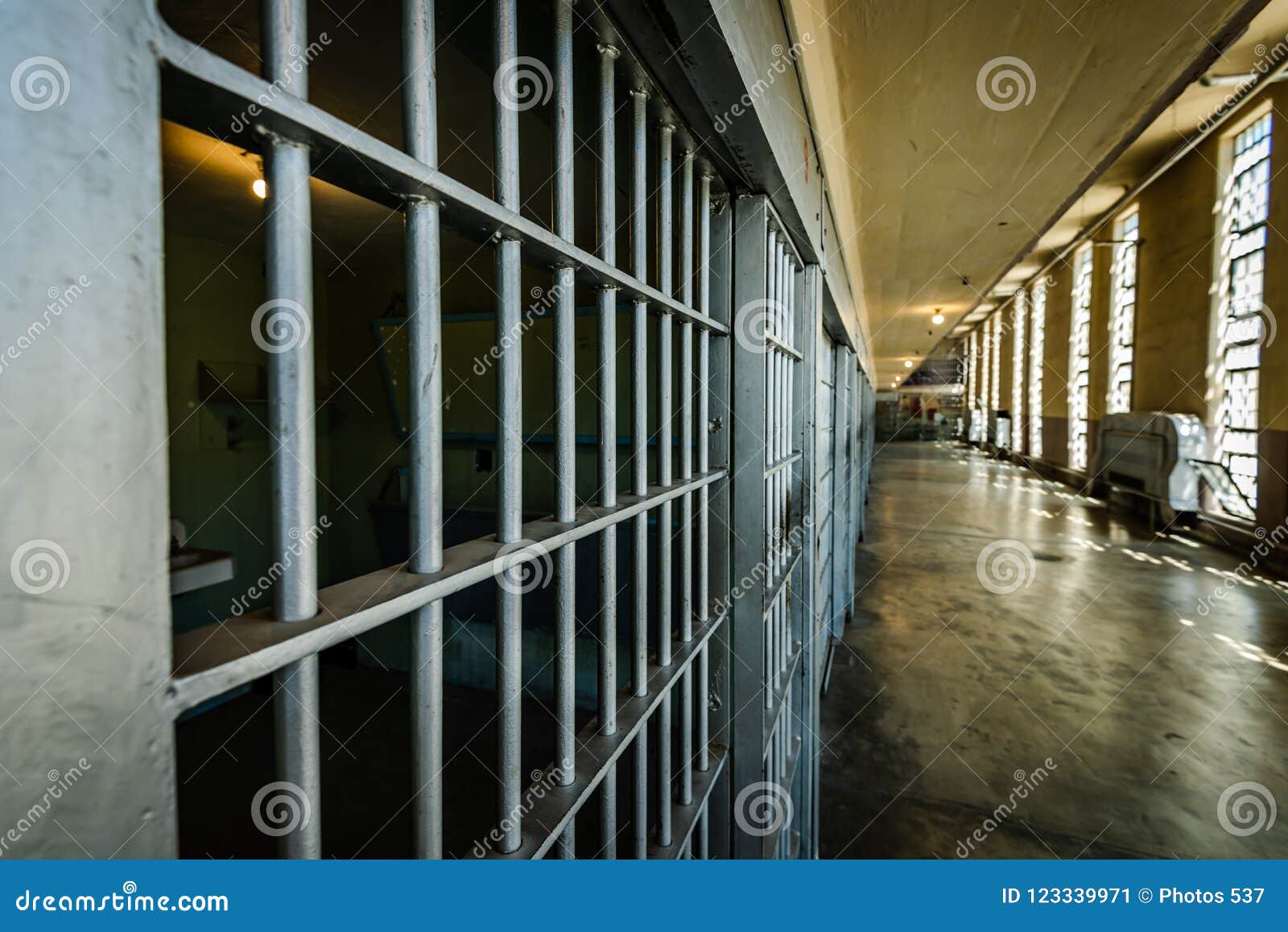 Looking Down Prison Cell Block at Bars Stock Image - Image of cell ...