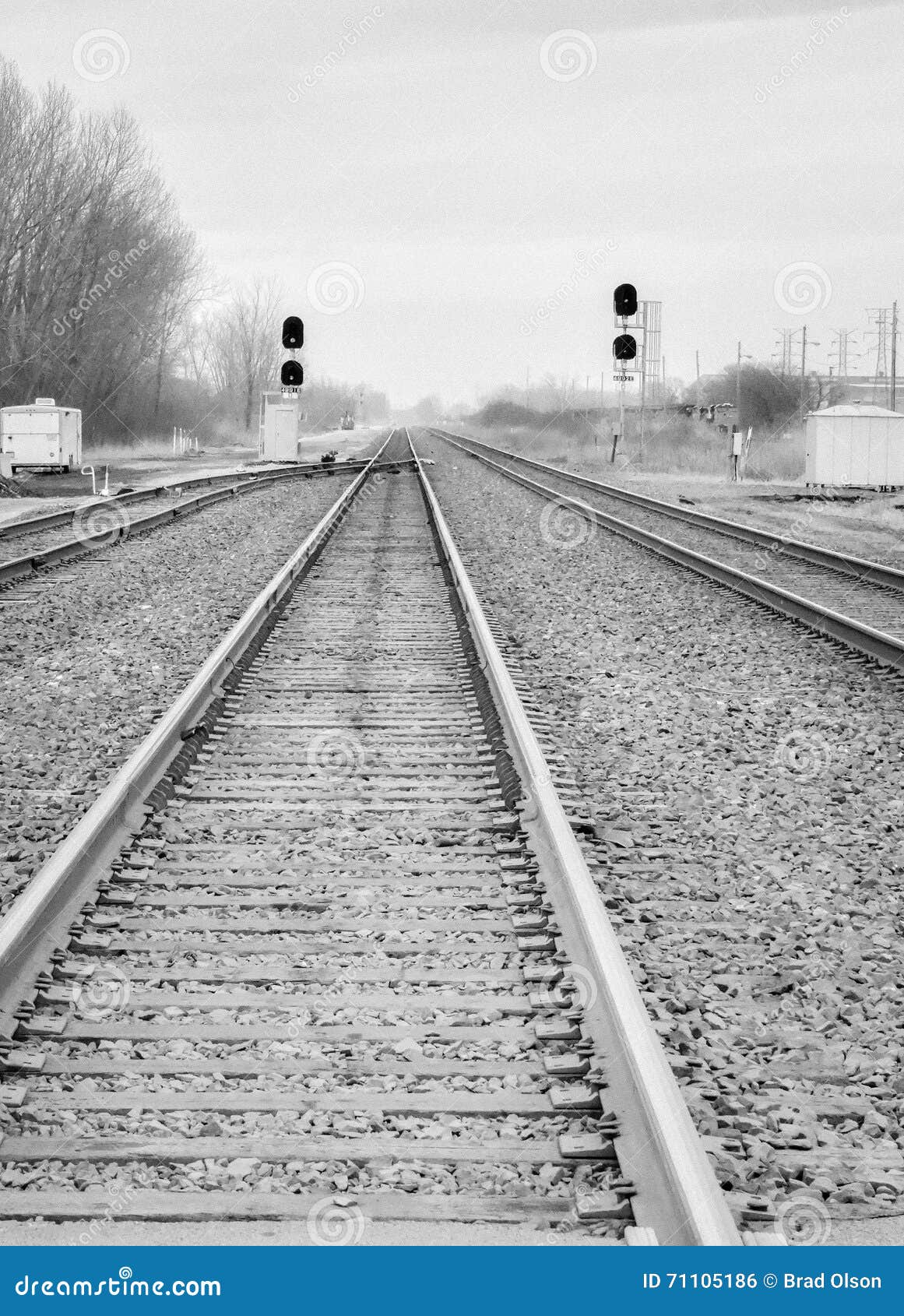Looking Down Railroad Tracks without a Train Railway in Black and White ...