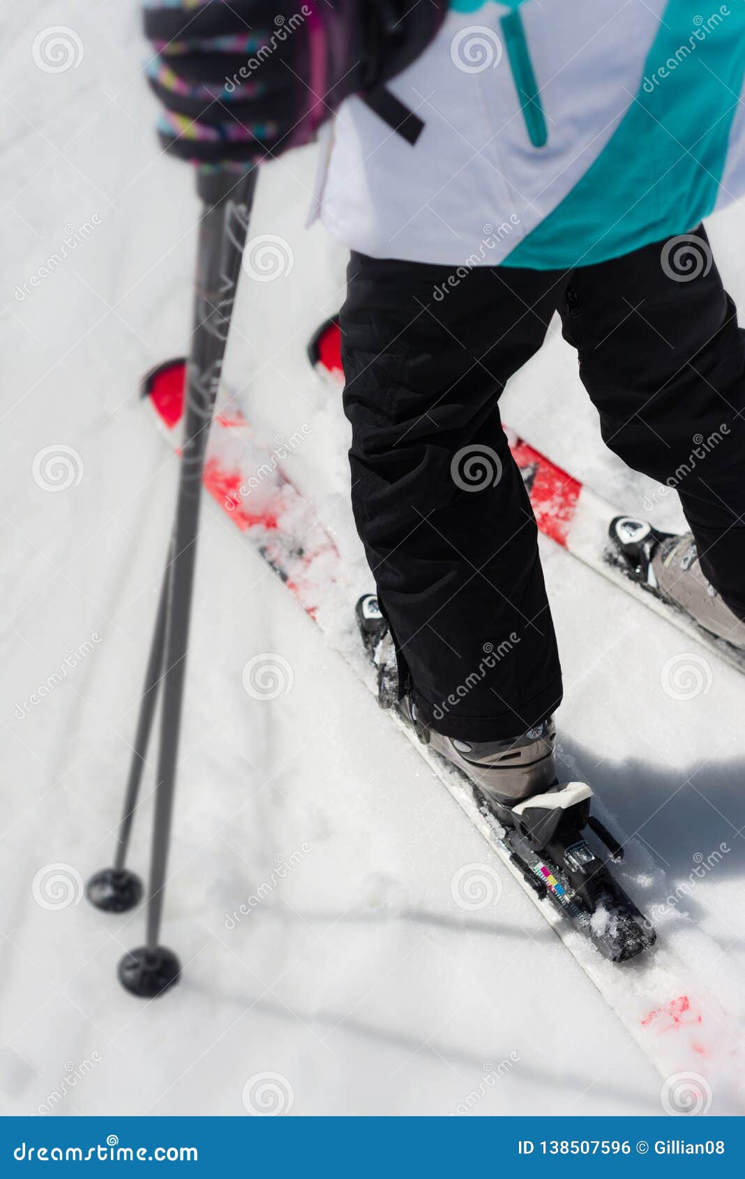 Looking Down at Skis in Snow Stock Photo - Image of woman, looking ...