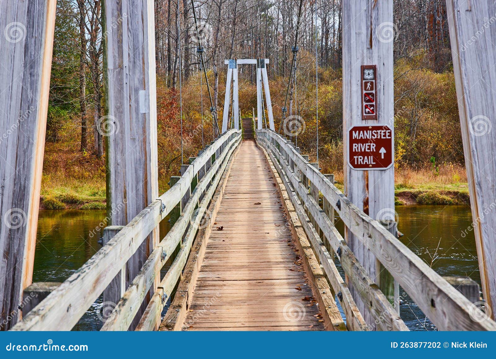 Looking Down Suspension Bridge in Michigan Going Over River Manistee ...