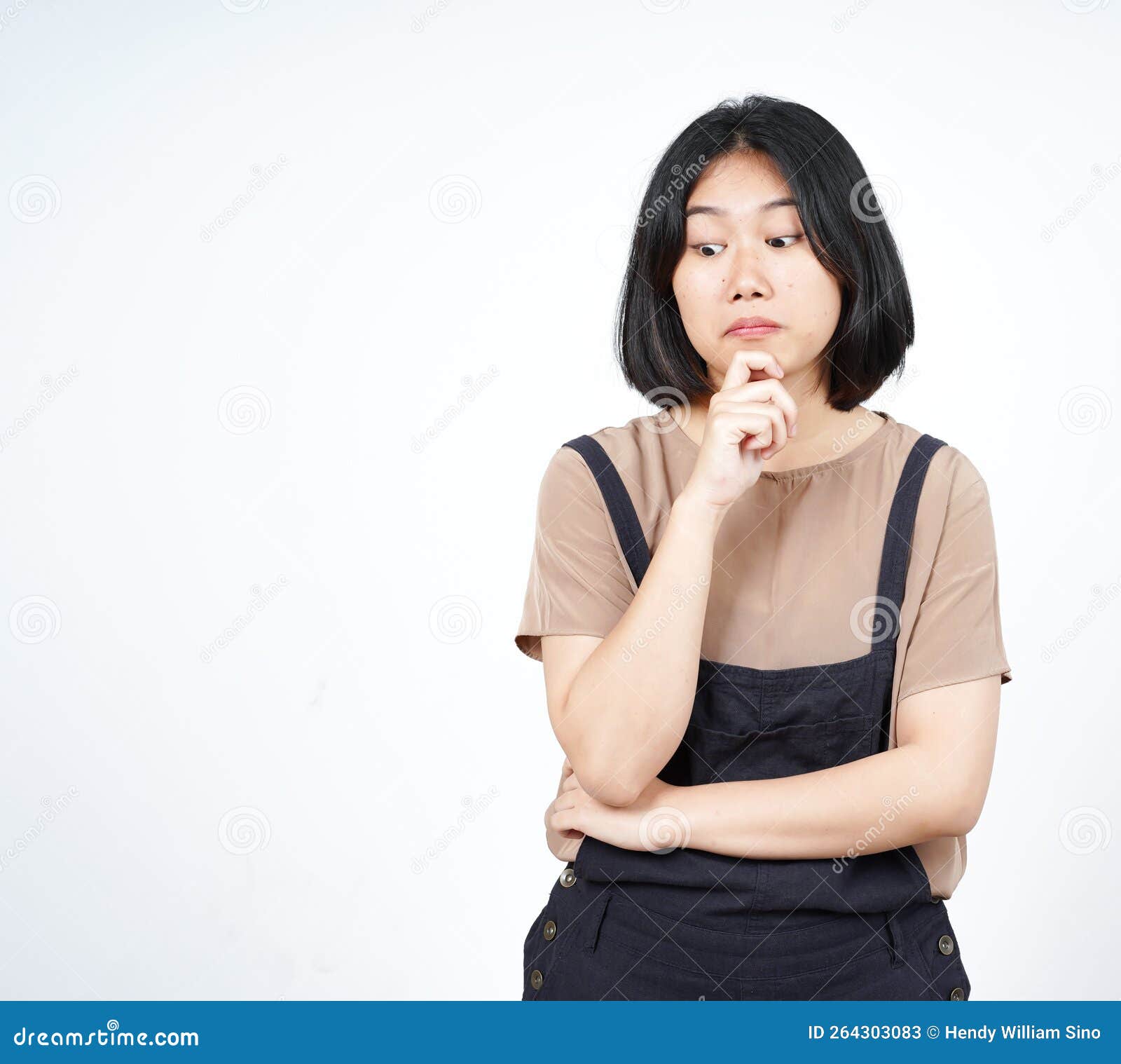 Looking Down and Thinking Gesture of Beautiful Asian Woman Isolated on ...