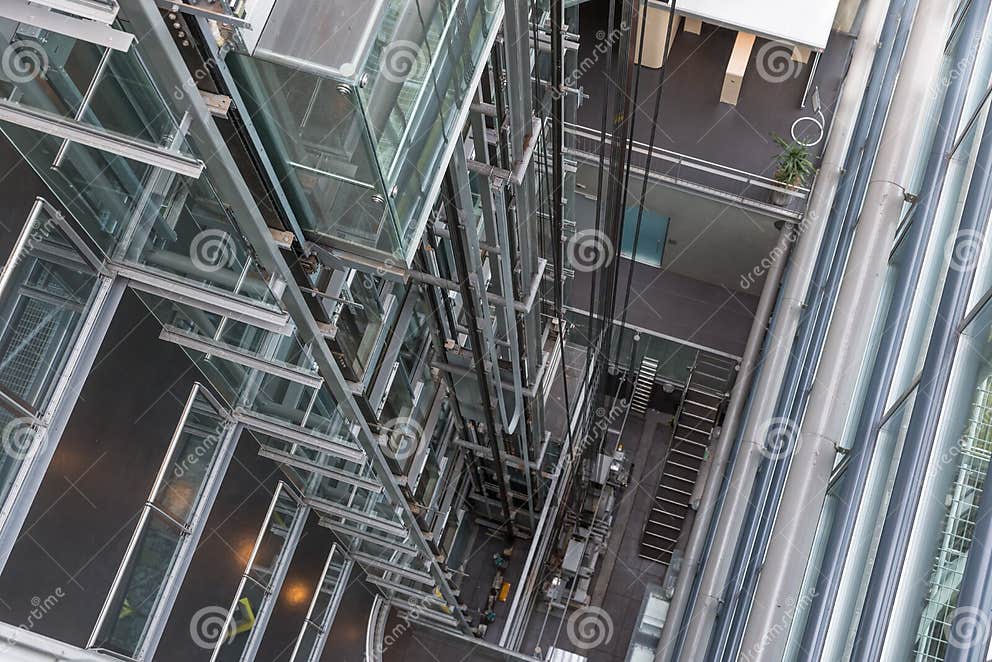 Looking Downwards in a Modern Open Elevator Shaft Stock Photo - Image ...