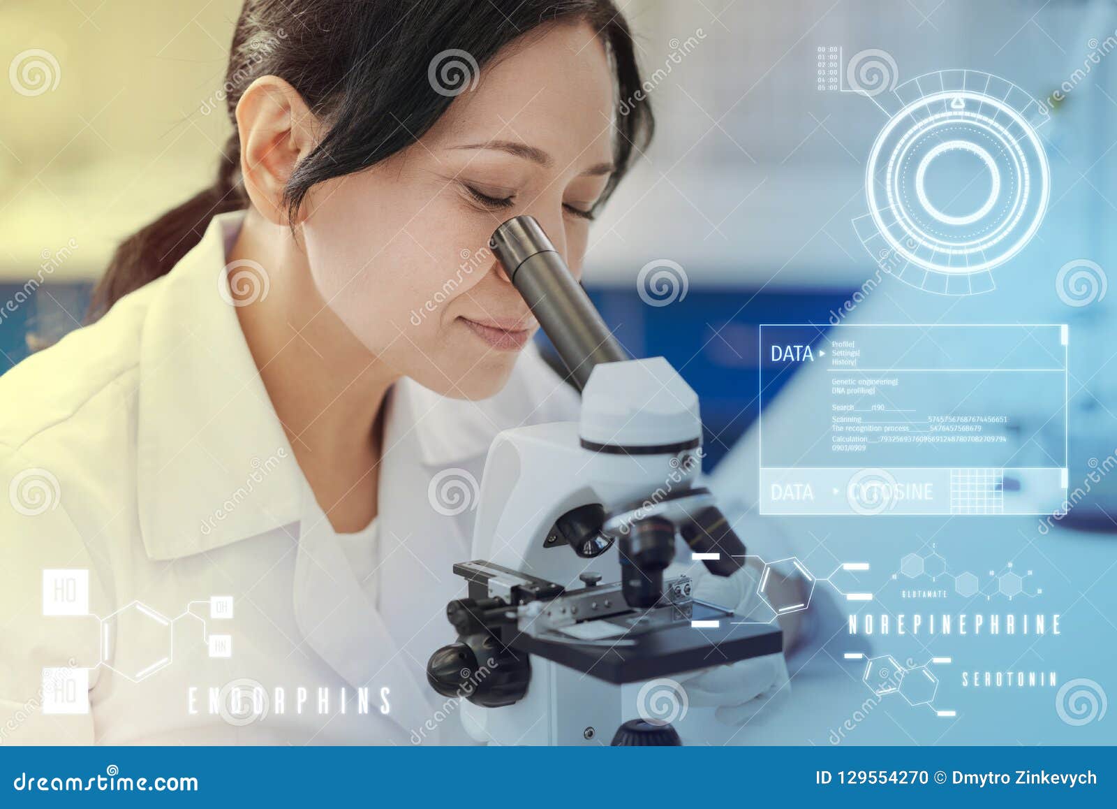 Peaceful Woman Smiling while Working with a Modern Microscope Stock ...