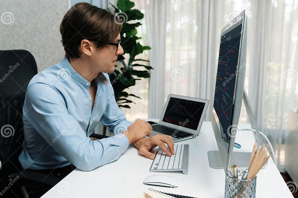 It Looking at Online Software Development on Pc Align Working Laptop. Pecuniary. Stock Image ...