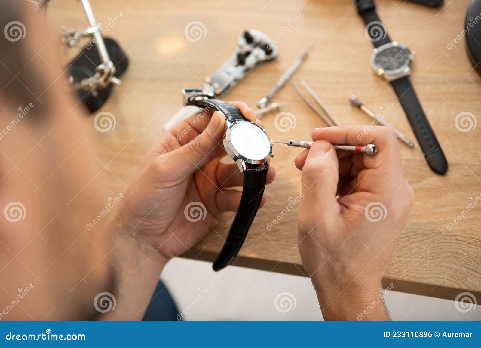 Looking Over Shoulder Man Repairing Wristwatch Stock Photo - Image of ...