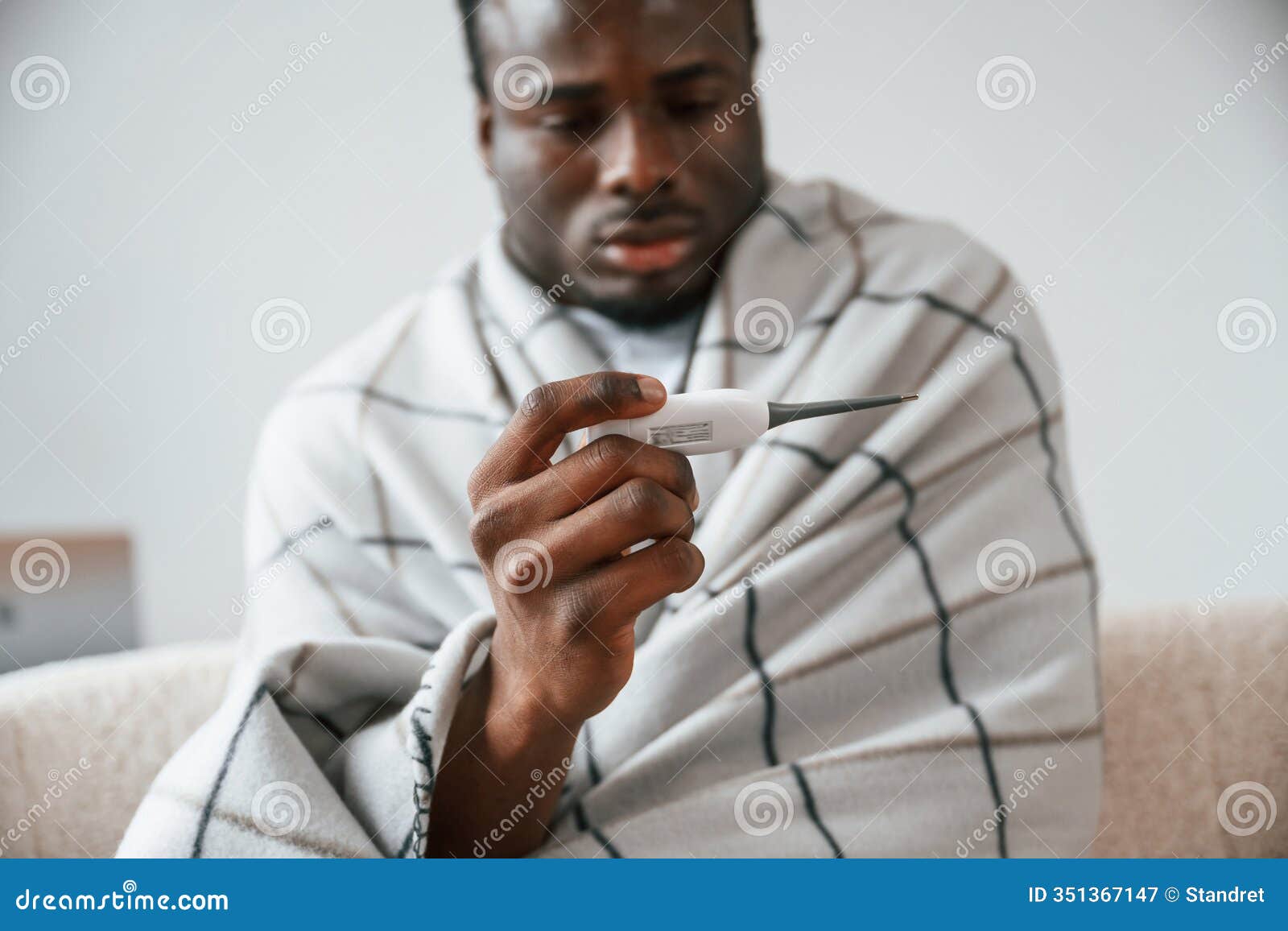 Looking at Thermometer. Sick Black Man is at Home Stock Illustration - Illustration of infection ...