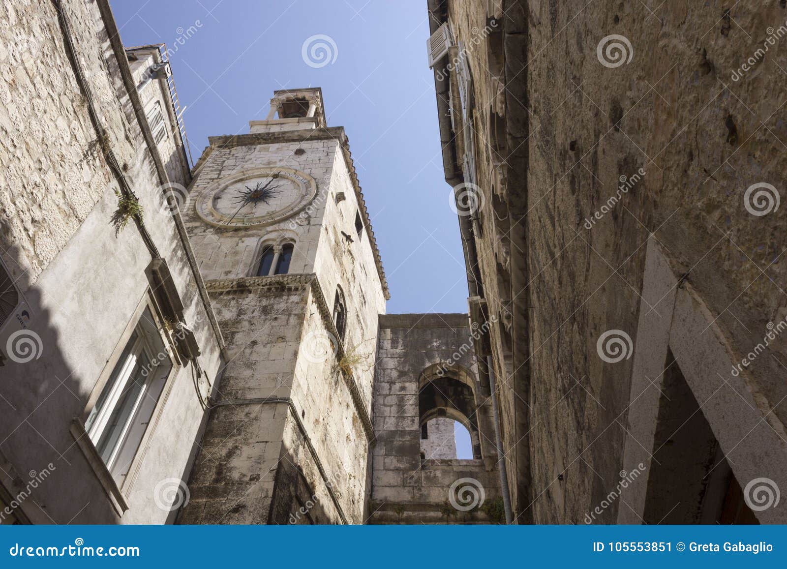 Looking Up at the Ancient Tower Clock of Split City in Croatia ...