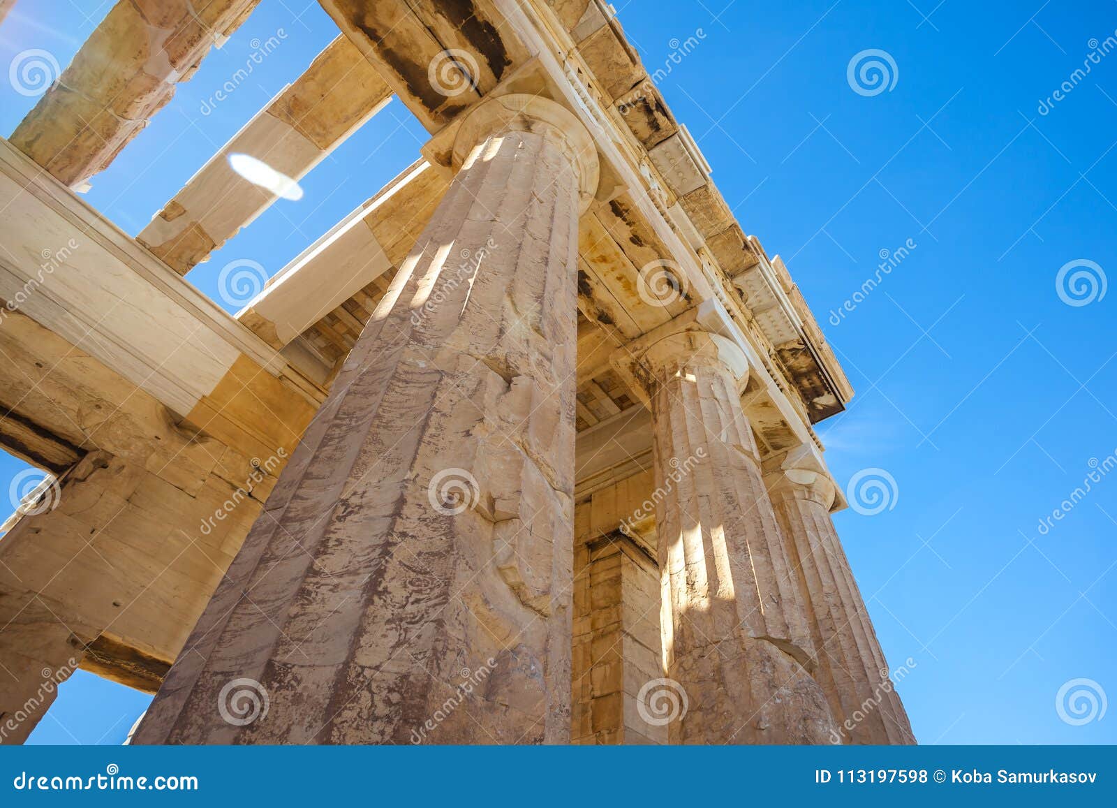 Looking Up at a Columns of Propylaea Gateway in Acropolis of Athens ...