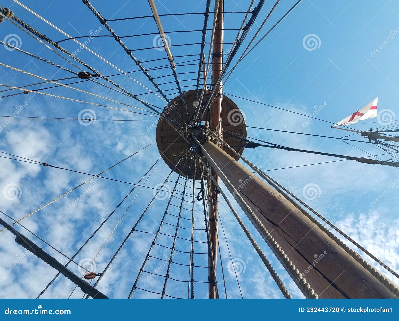Looking Up The Rigging Of A Sailing Dinghy: Red Sail, Wooden Mast Stock ...