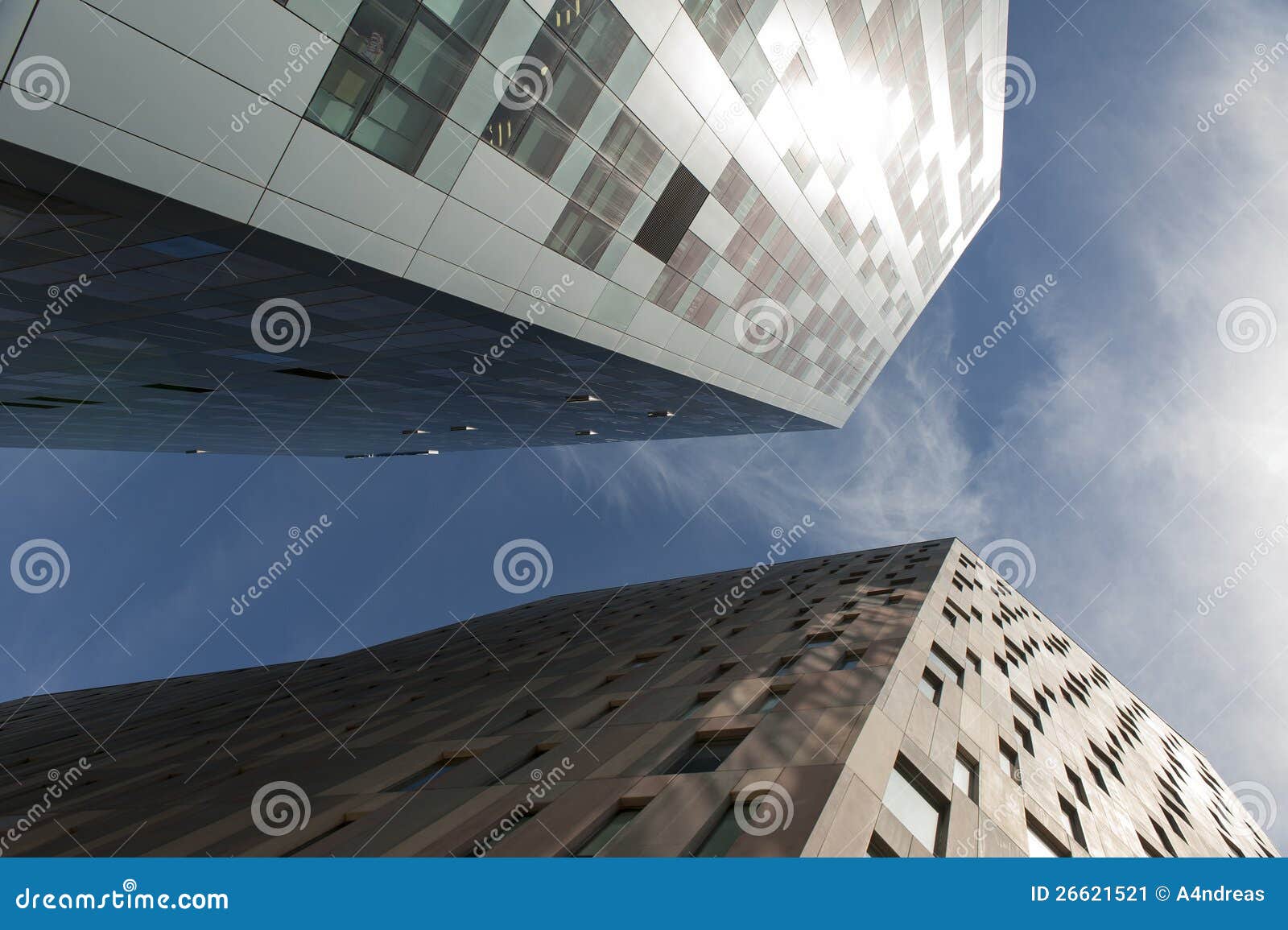 Looking Up between Skyscrapers Stock Image - Image of modern, flare ...