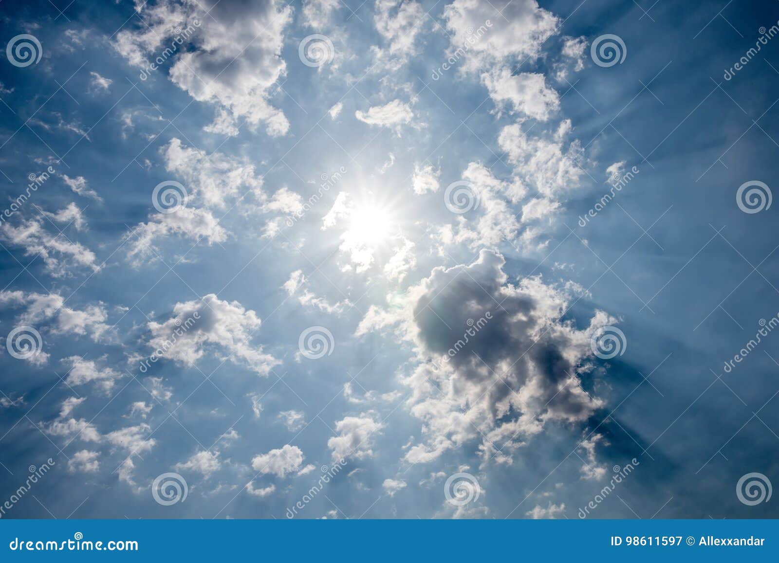 Looking Up View of Panorama Blue Sky with Clouds and Sun Reflect Stock ...
