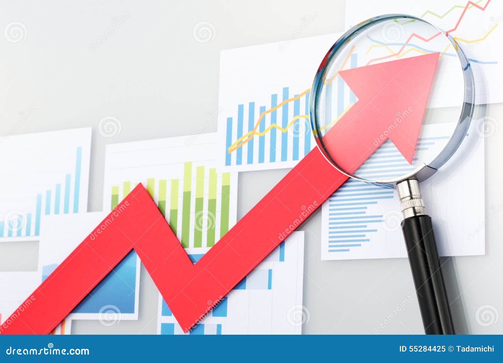 Looking Upside Growth Arrow with Magnifying Glass. Graphs and Da Stock ...