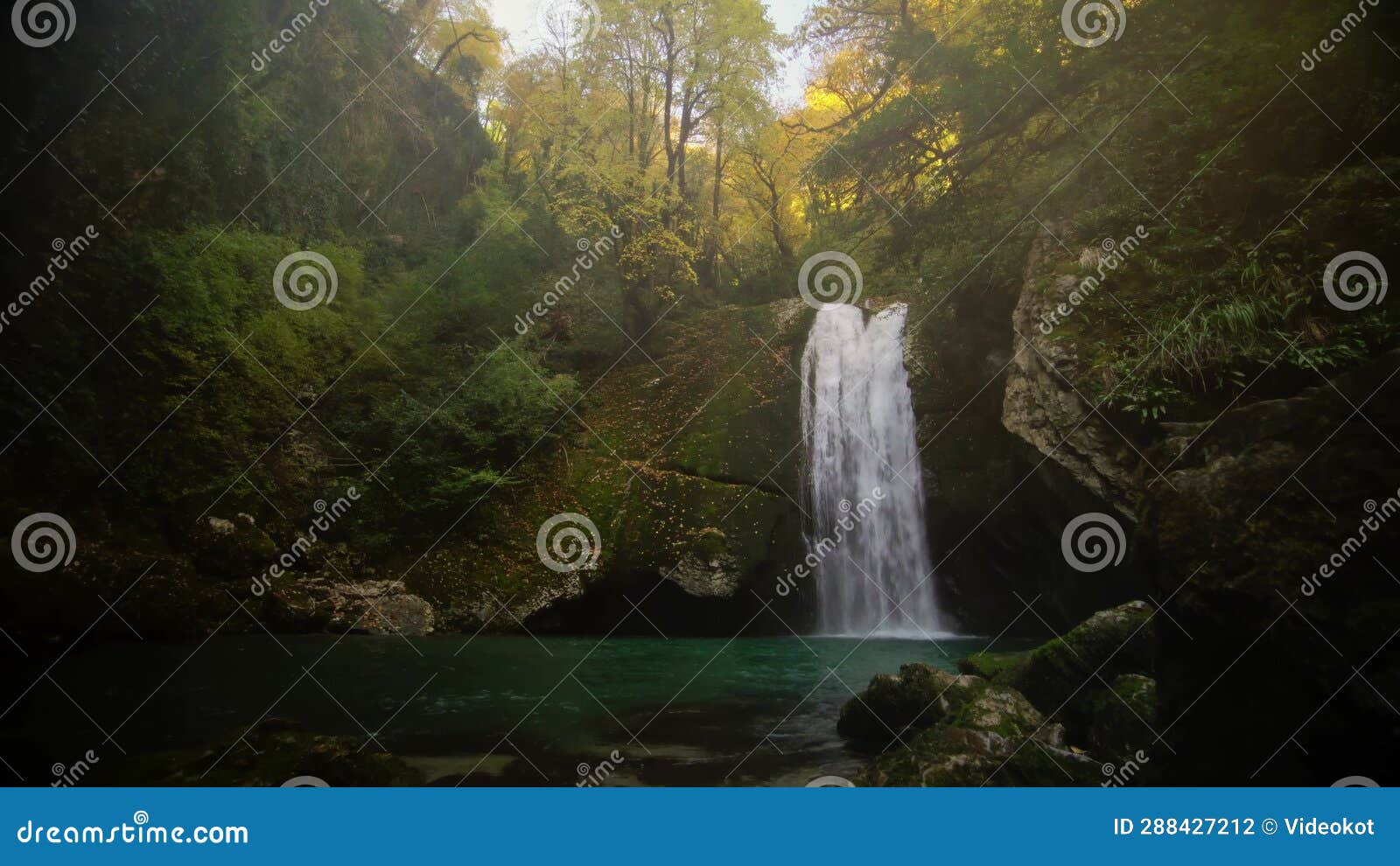 Loop Scenery of Small Waterfall Flowing into Lake in Autumn Forest with ...