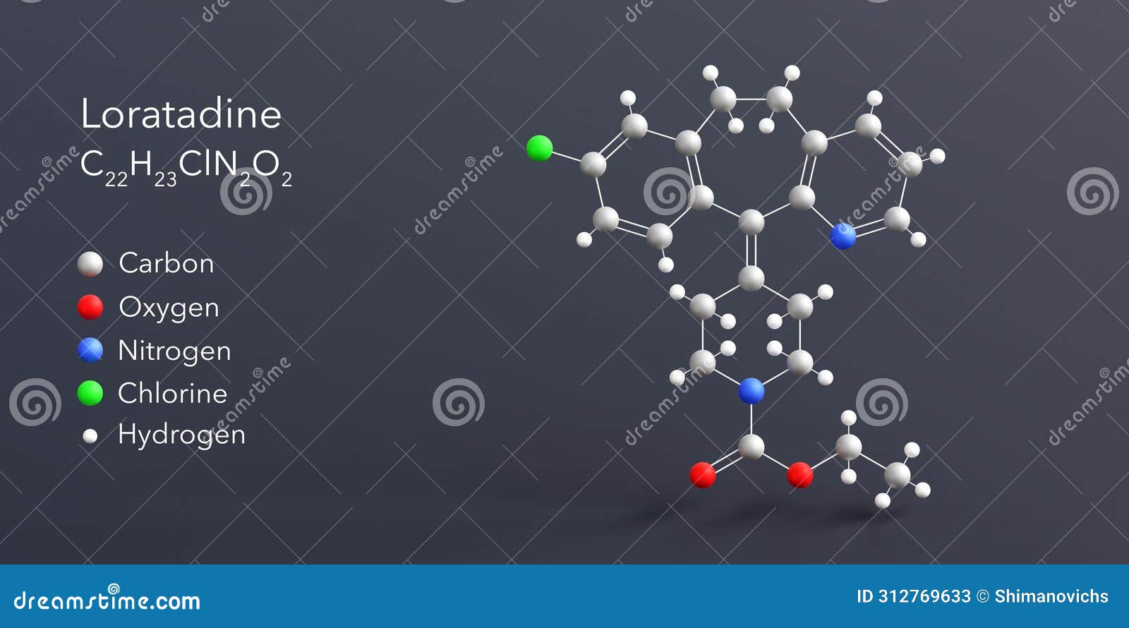 Loratadine Molecule 3d Rendering Flat Molecular Structure With