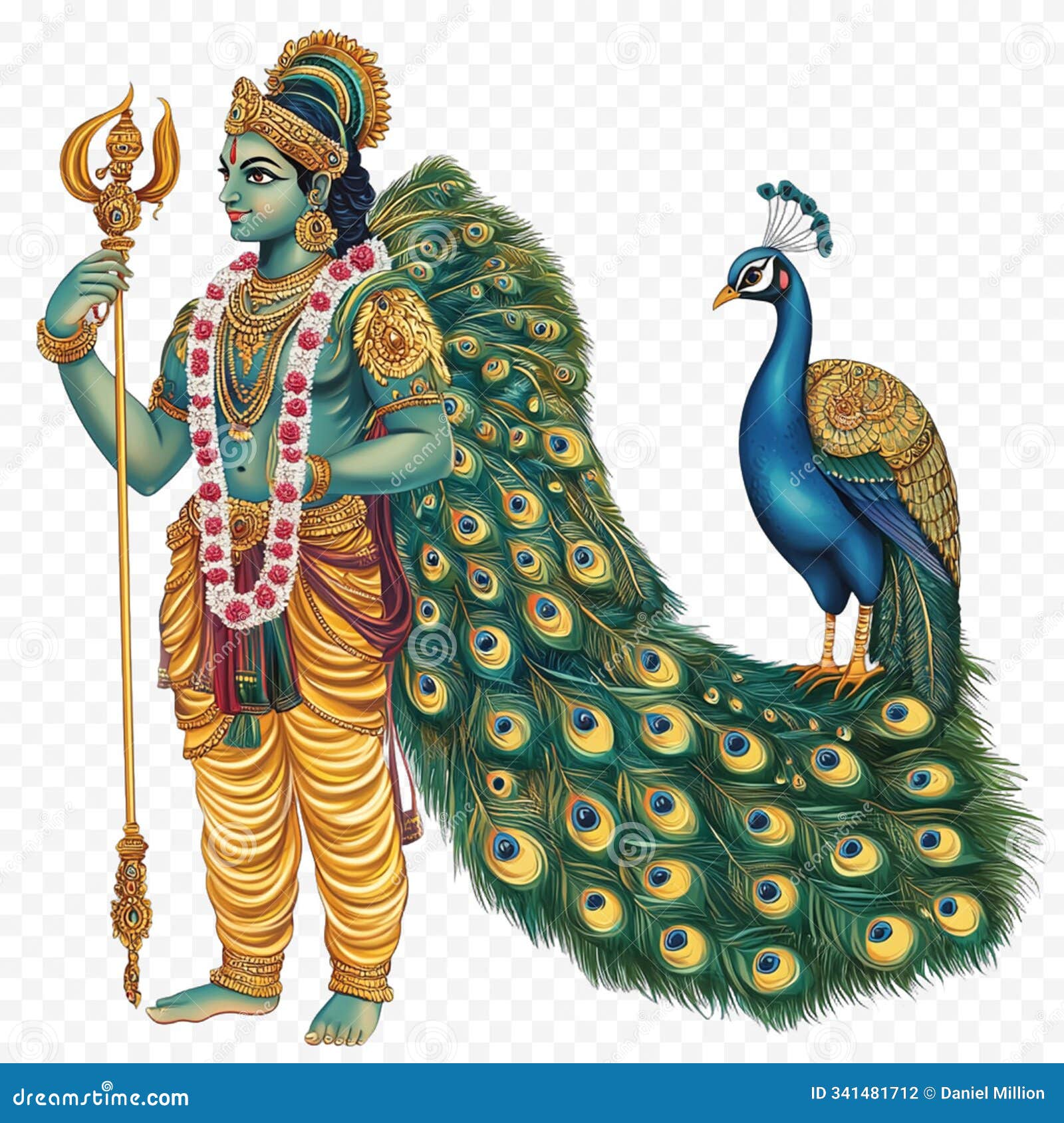 Lord Kartikeya With Peacock In Traditional Hindu Artwork Vector ...