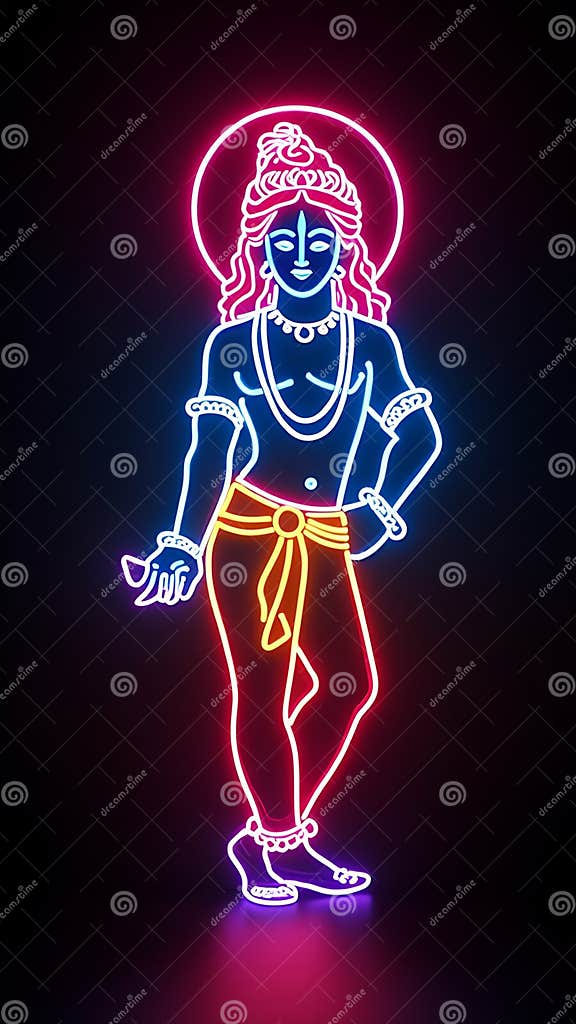 Lord Krishna Neon Line Art stock illustration. Illustration of greeting ...