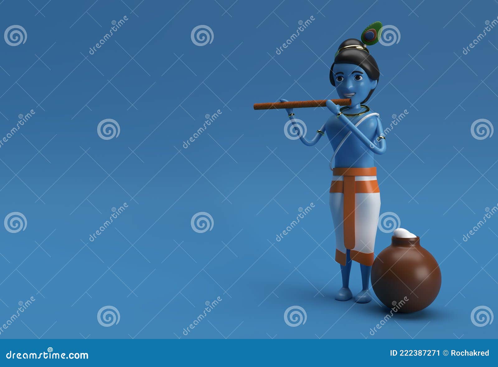 Lord Krishna Playing Bansuri Flute with a Pot of Butter. 3D Render ...