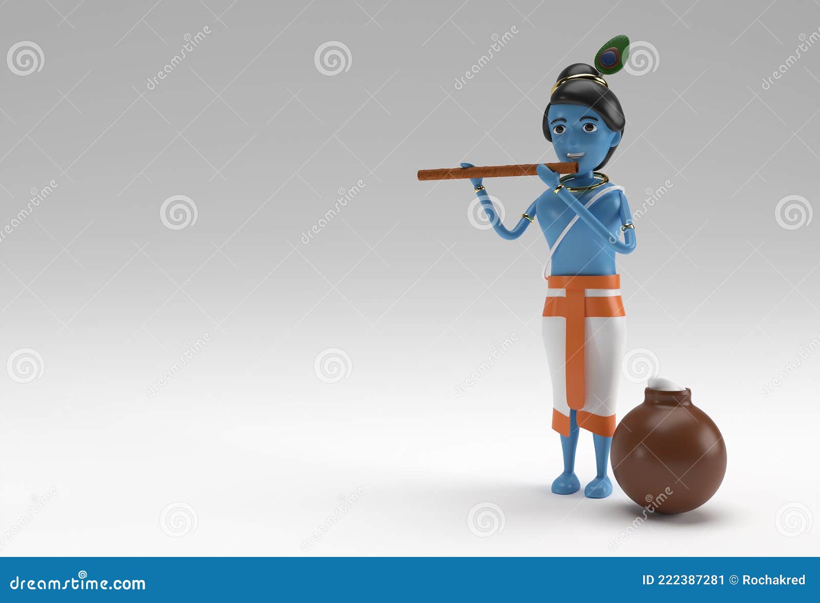 Lord Krishna Playing Bansuri Flute with a Pot of Butter. 3D Render ...