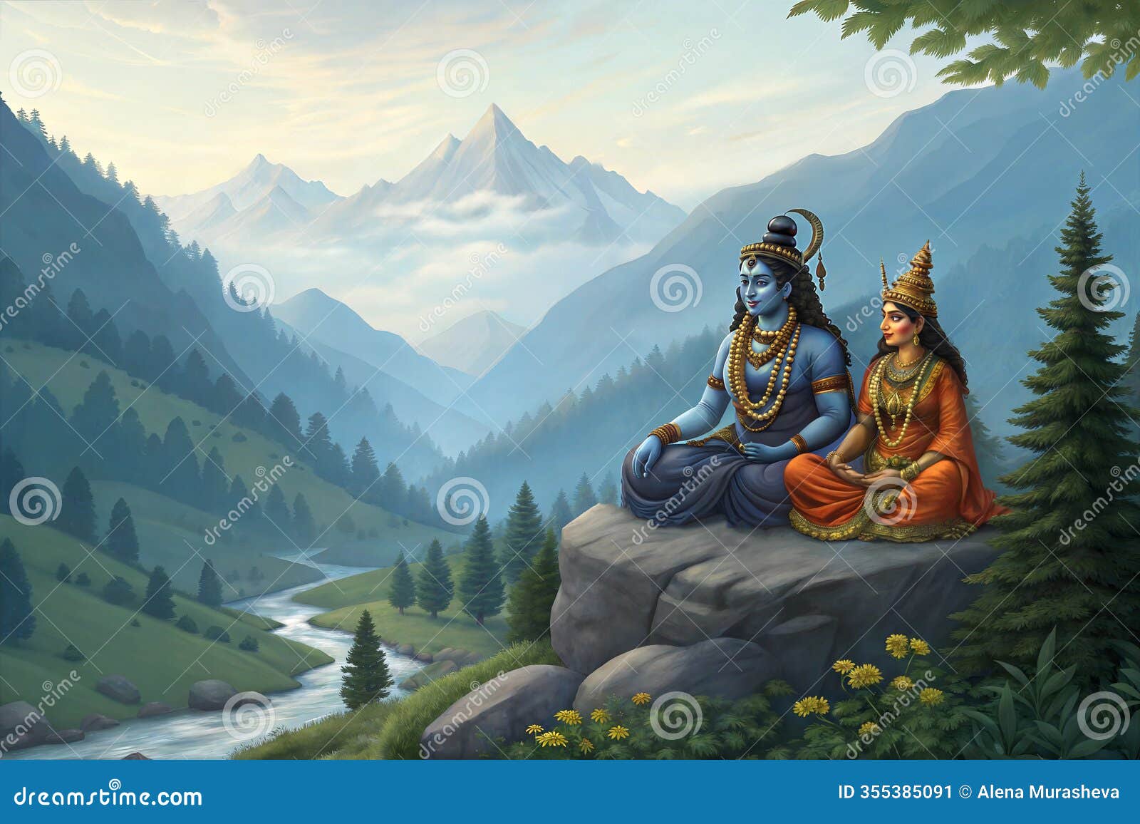 Lord Shiva and Goddess Parvati at Mount Himalaya Stock Illustration - Illustration of deity ...