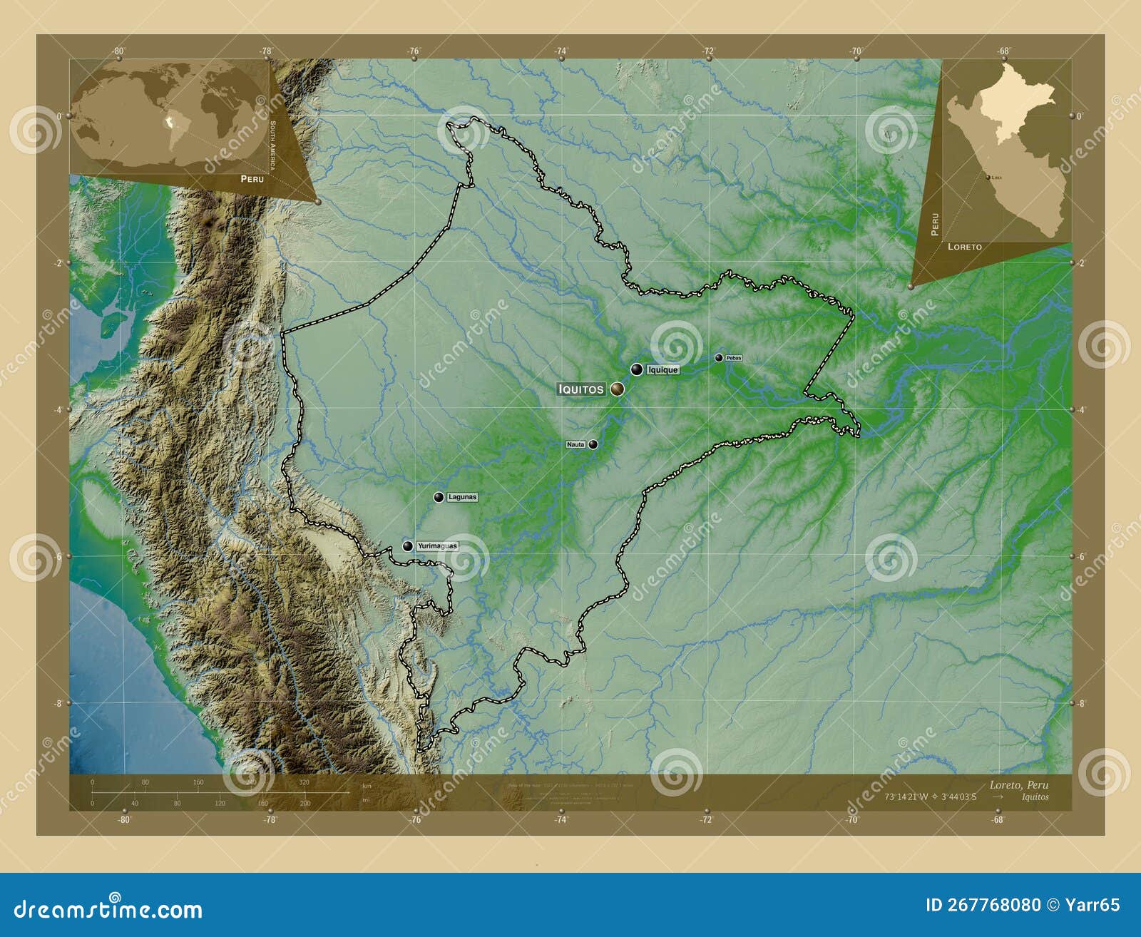Loreto, Peru. Physical. Labelled Points of Cities Stock Illustration ...