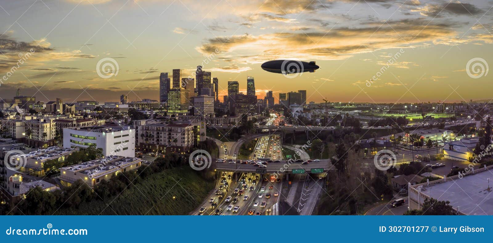 Los Angeles Downtown with Blimp Stock Image - Image of skyscape, hotel ...