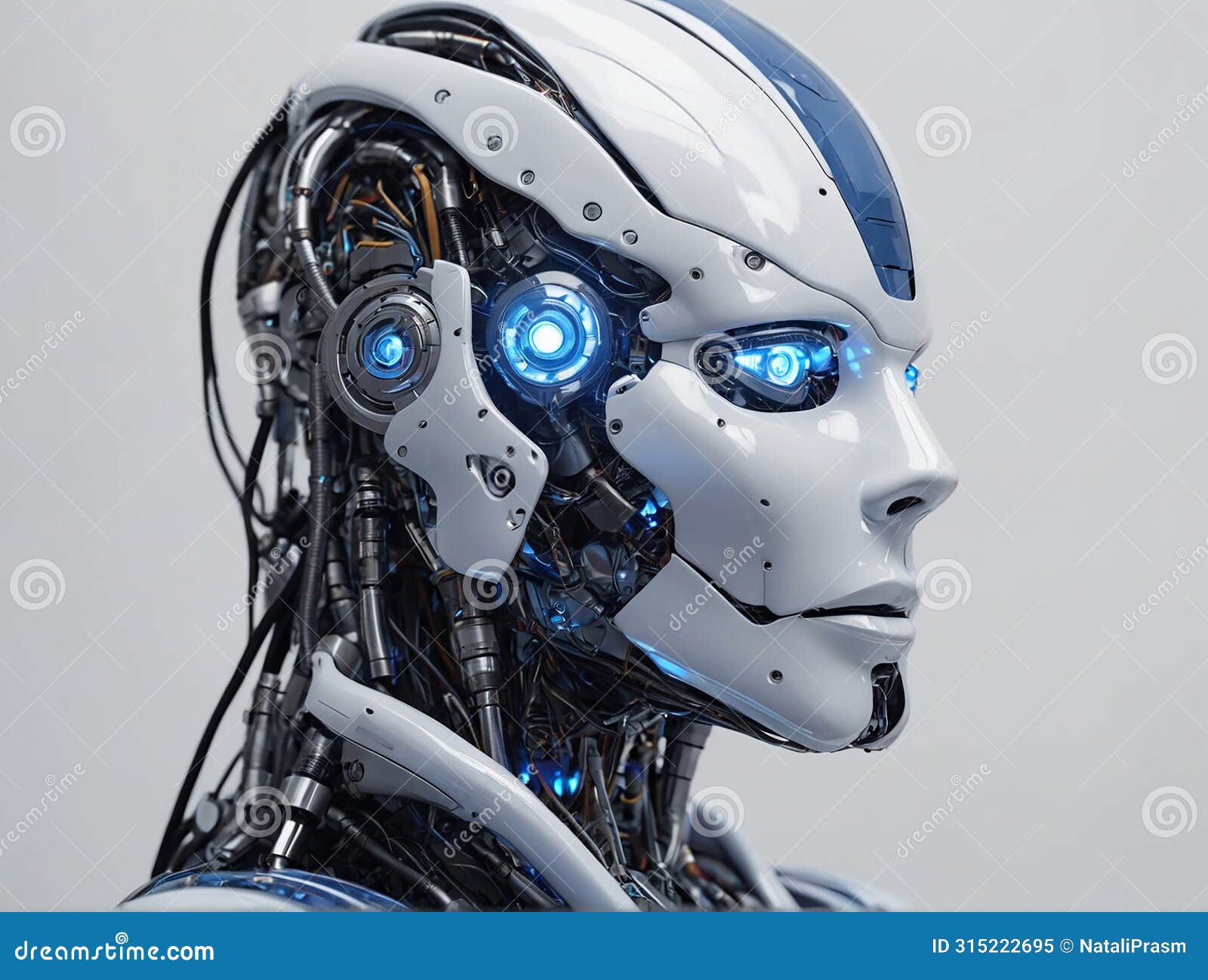 The Head of a Robot in Profile with Glowing Blue Eyes on a Light ...