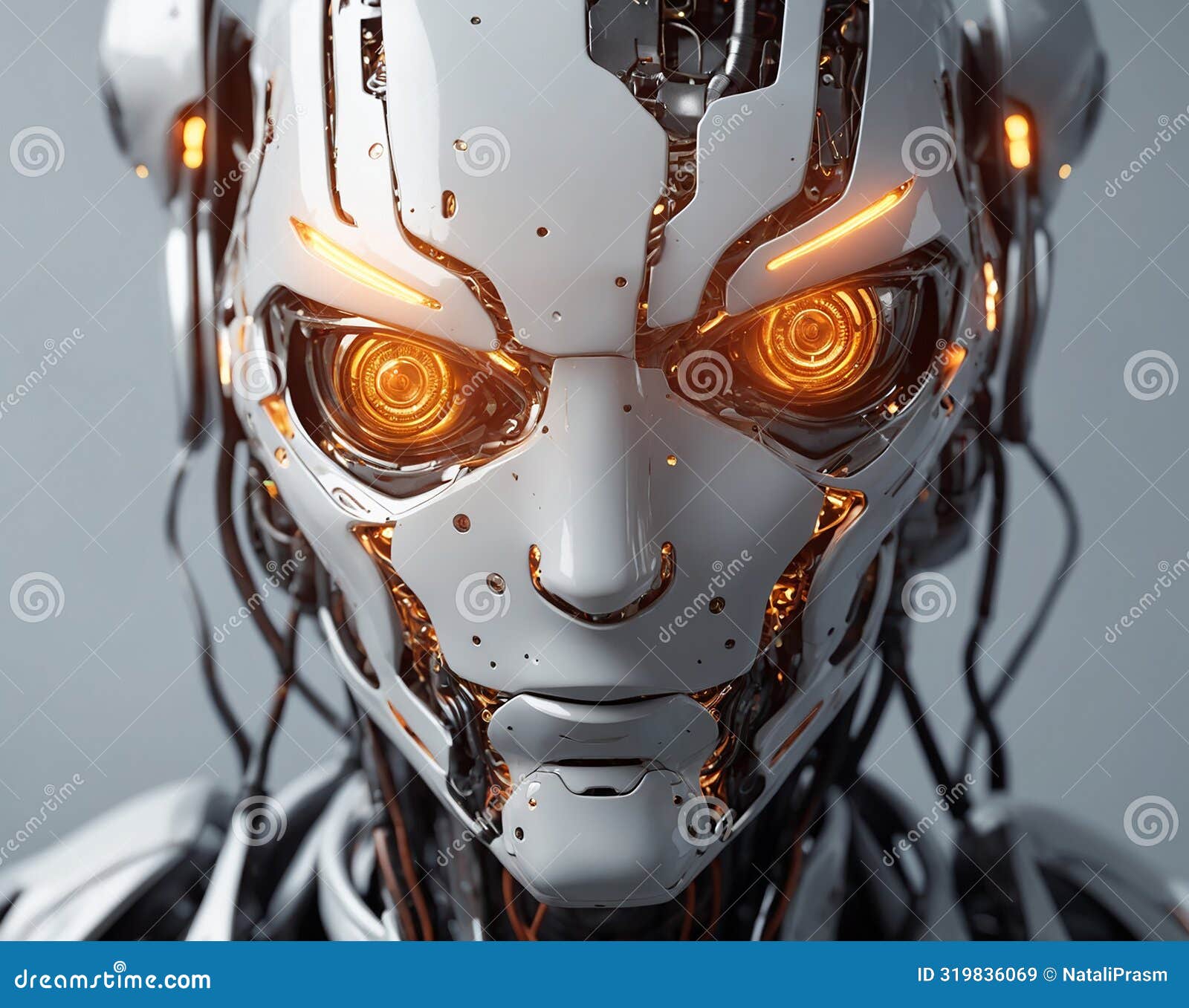 The Head of a Robot in Profile with Glowing Yellow Eyes on a Light ...