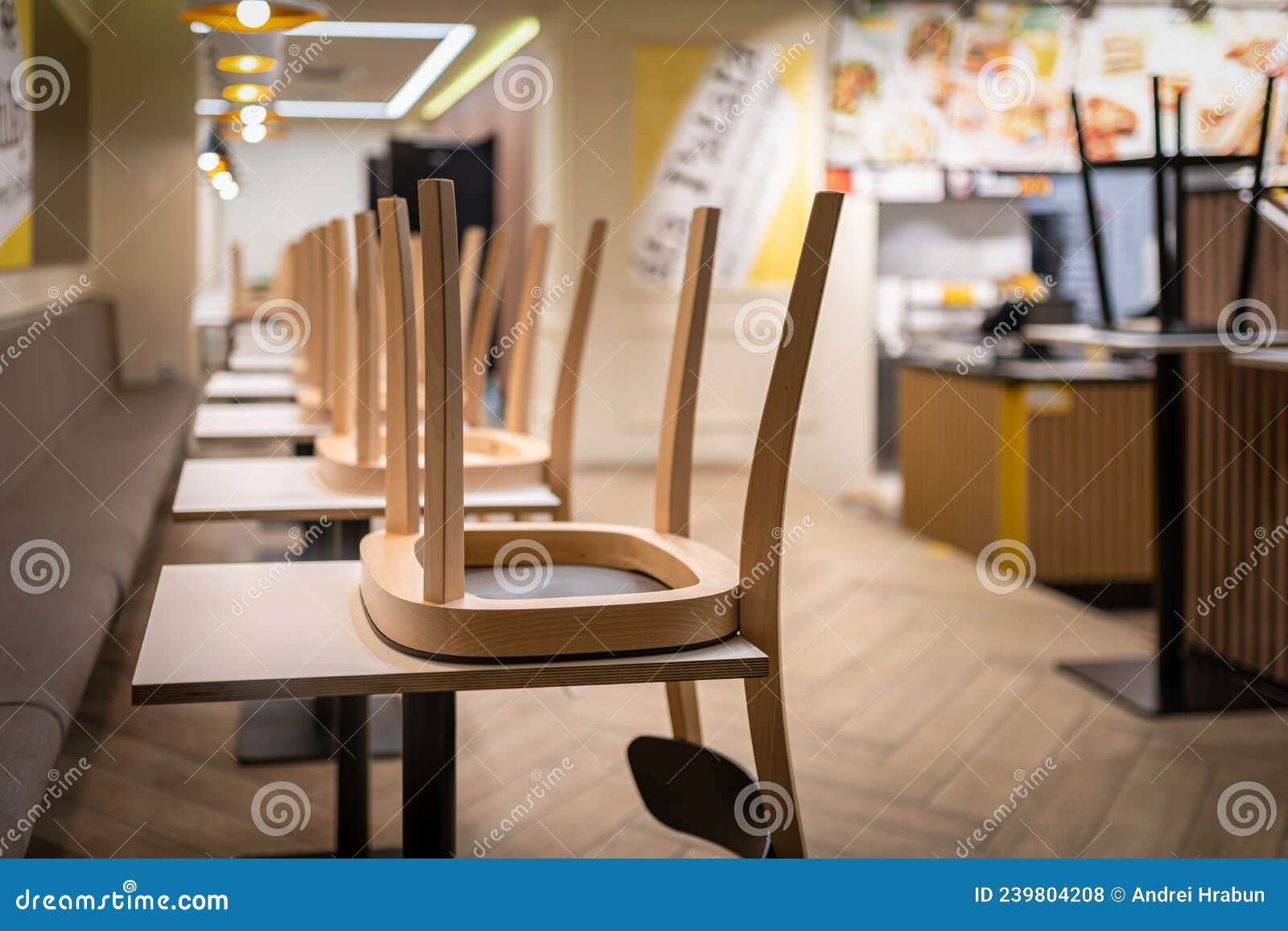 Closed Restaurant with Chairs on Tables because of Lockdown or Shutdown ...
