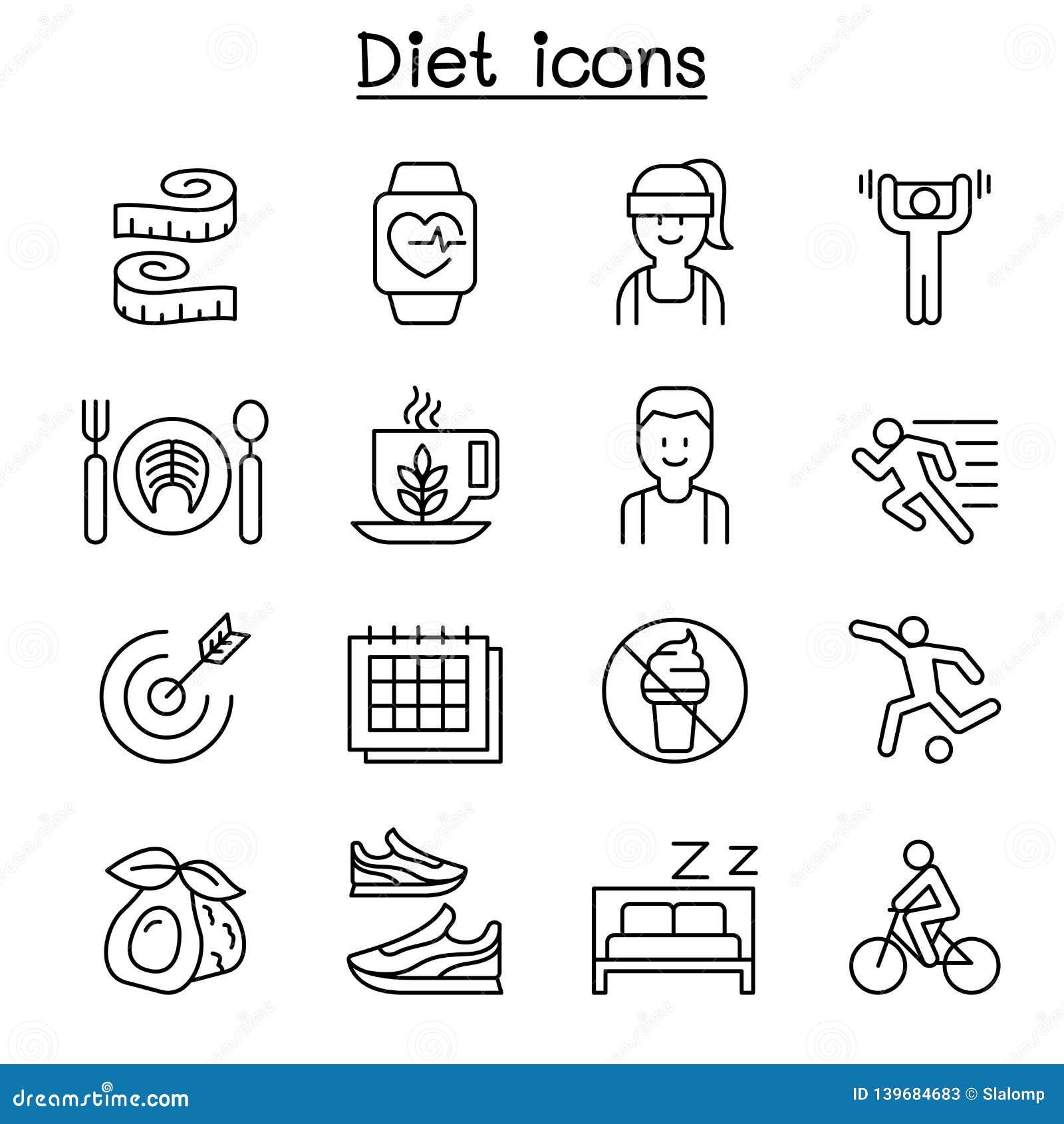 Losing Weight, Diet, Exercise Icon Set in Thin Line Style Stock Vector ...