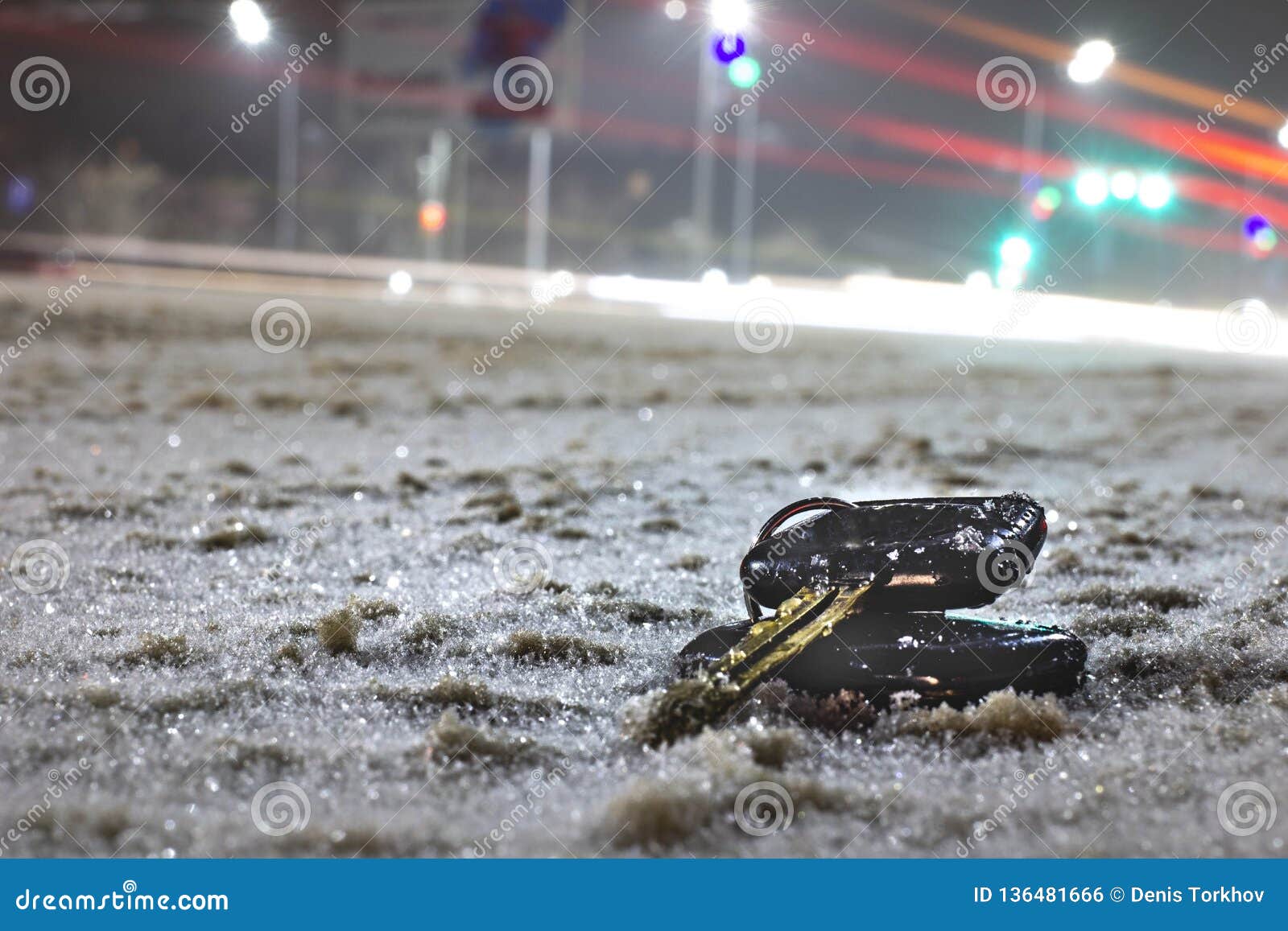 Lost Car Keys on the Road Powdered with the First Snow at Night. on ...