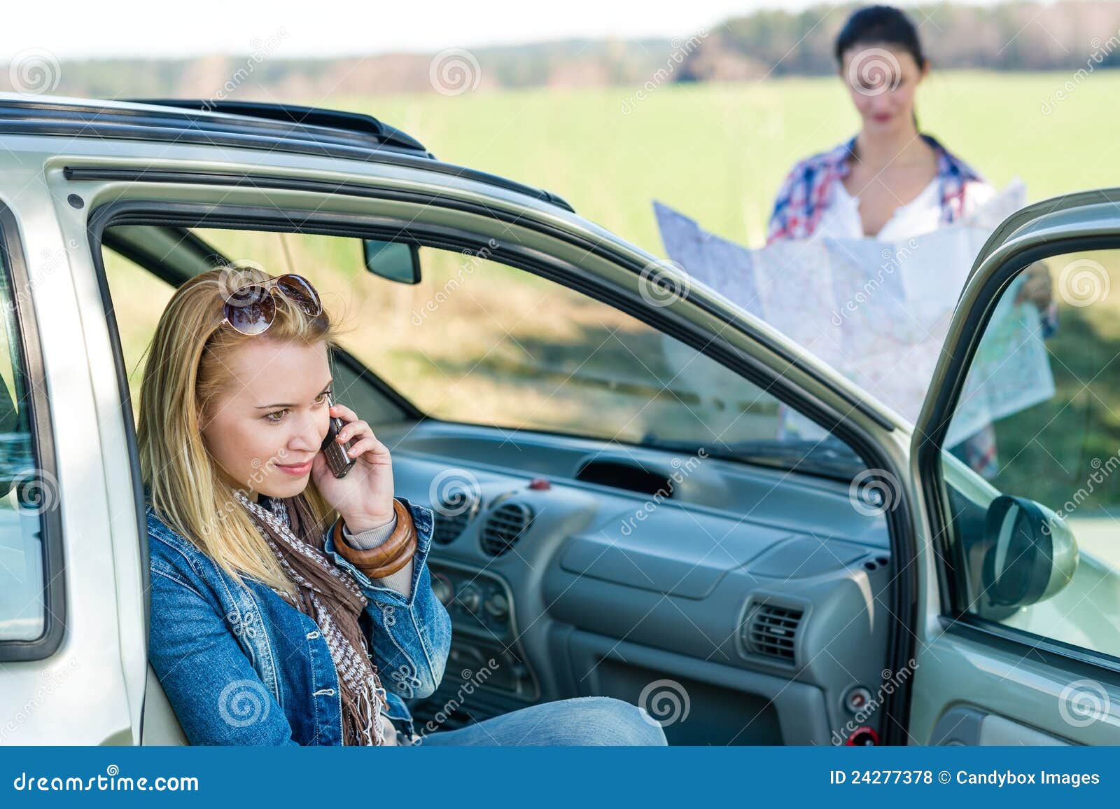 Lost with Car Two Women Call Help Stock Photo - Image of challenge ...