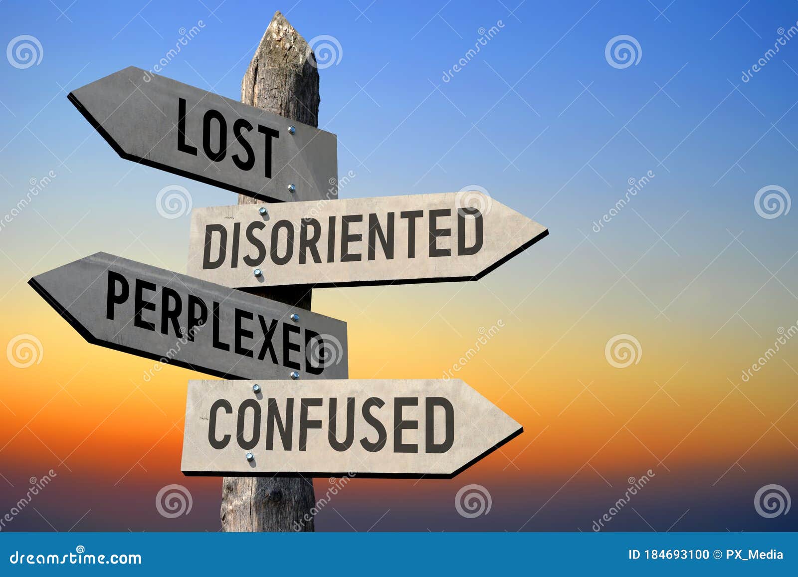 Lost, Disoriented, Perplexed, Confused - Wooden Signpost, Sunset Sky ... Lost, Disoriented, Perplexed, Confused - Wooden Signpost, Sunset Sky ...