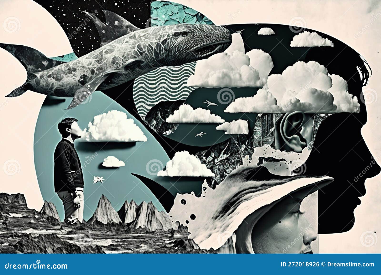 Lost in Dreams Collage, Man in His Inner World Making Plans Created ...