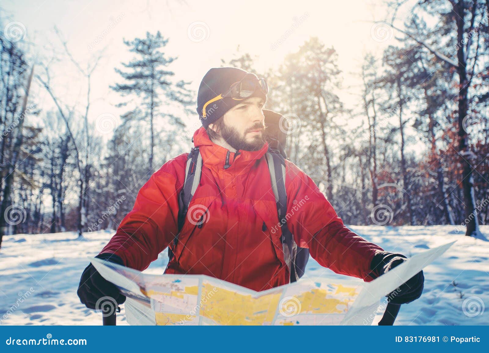 Lost Hiker With Backpack Checks Map To Find Directions Royalty-Free ...