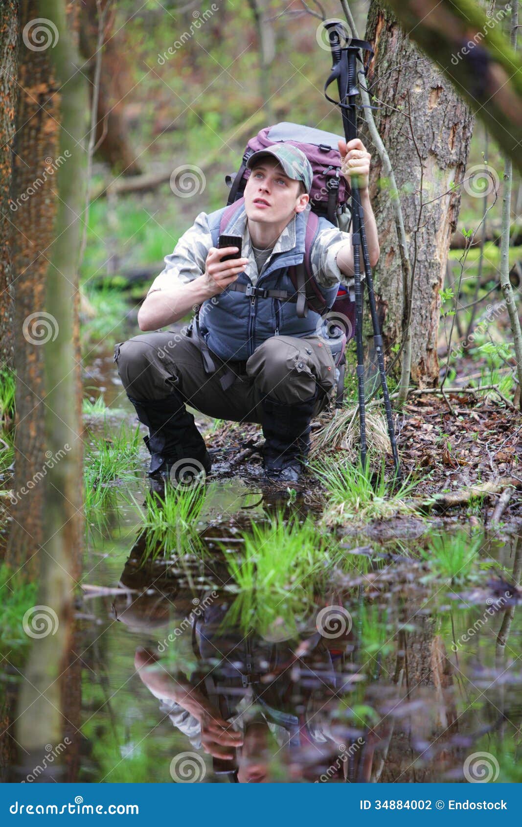Lost Hiker in Forest with Mobile Satelite Navigation Device Stock Photo ...