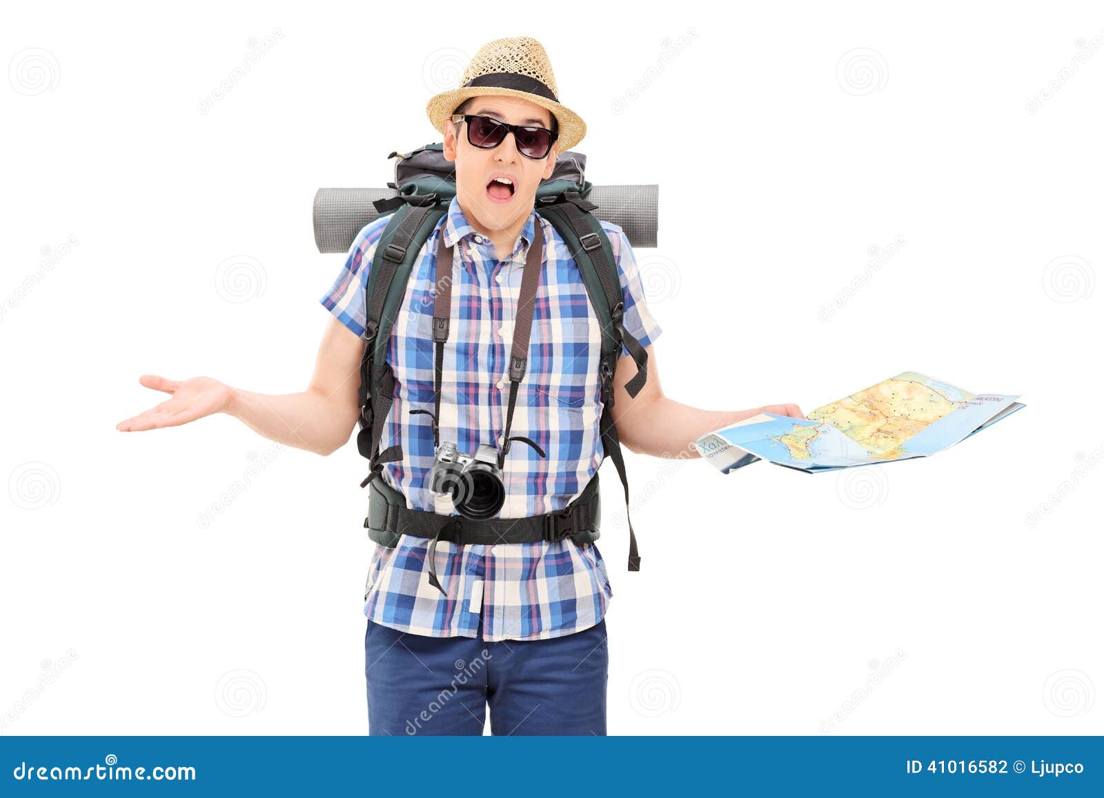 Lost Male Tourist Holding a Map and Gesturing with Hands Stock Photo ...