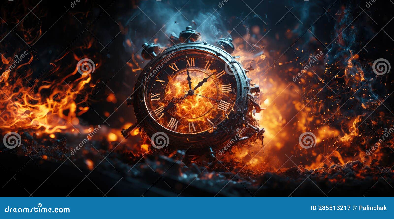 Lost Time. A Clock Engulfed In Flames Against A Dark Background Stock ...