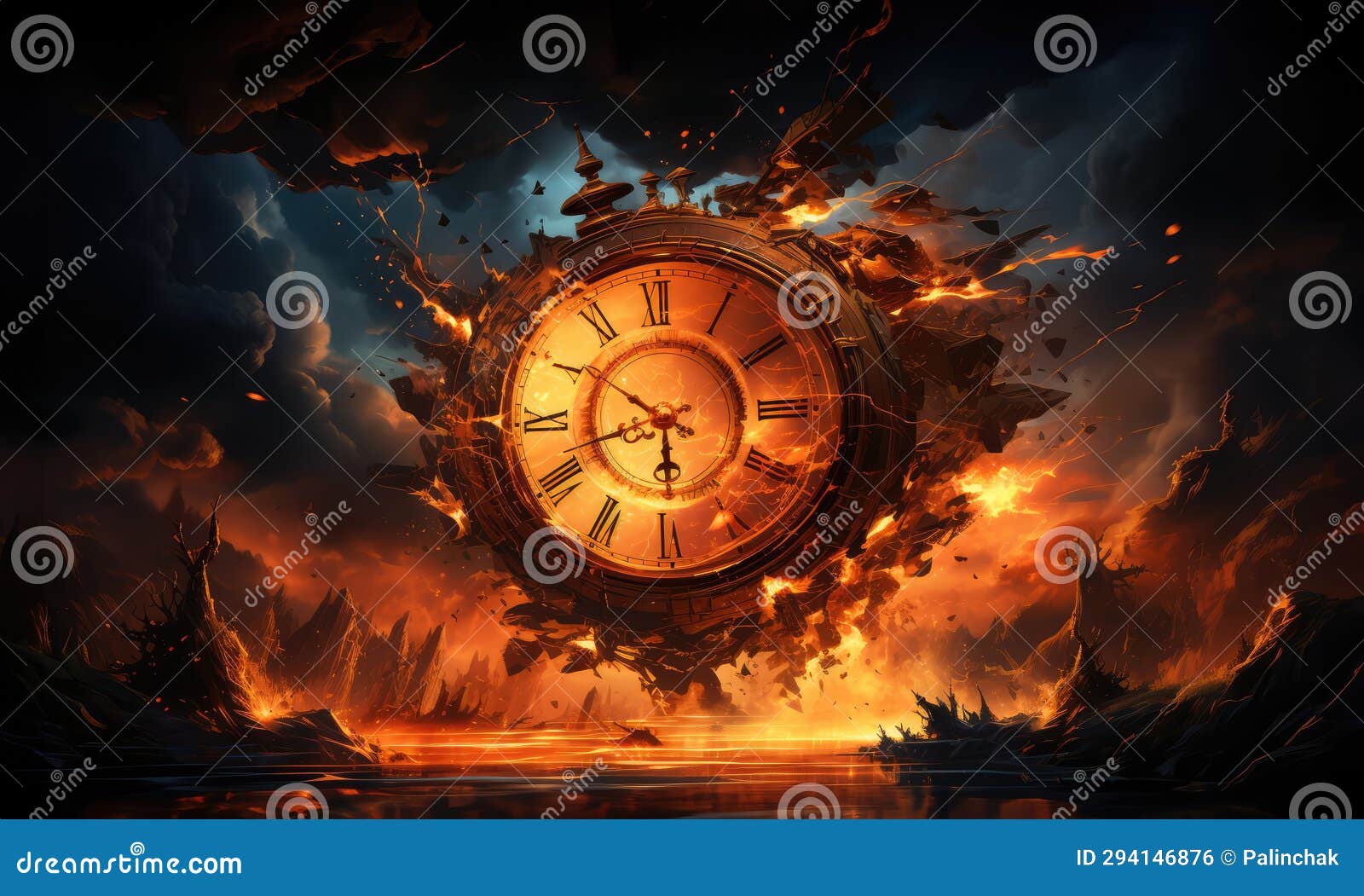 Burnt Time. a Clock Engulfed in Flames Against a Dark Background Stock ...