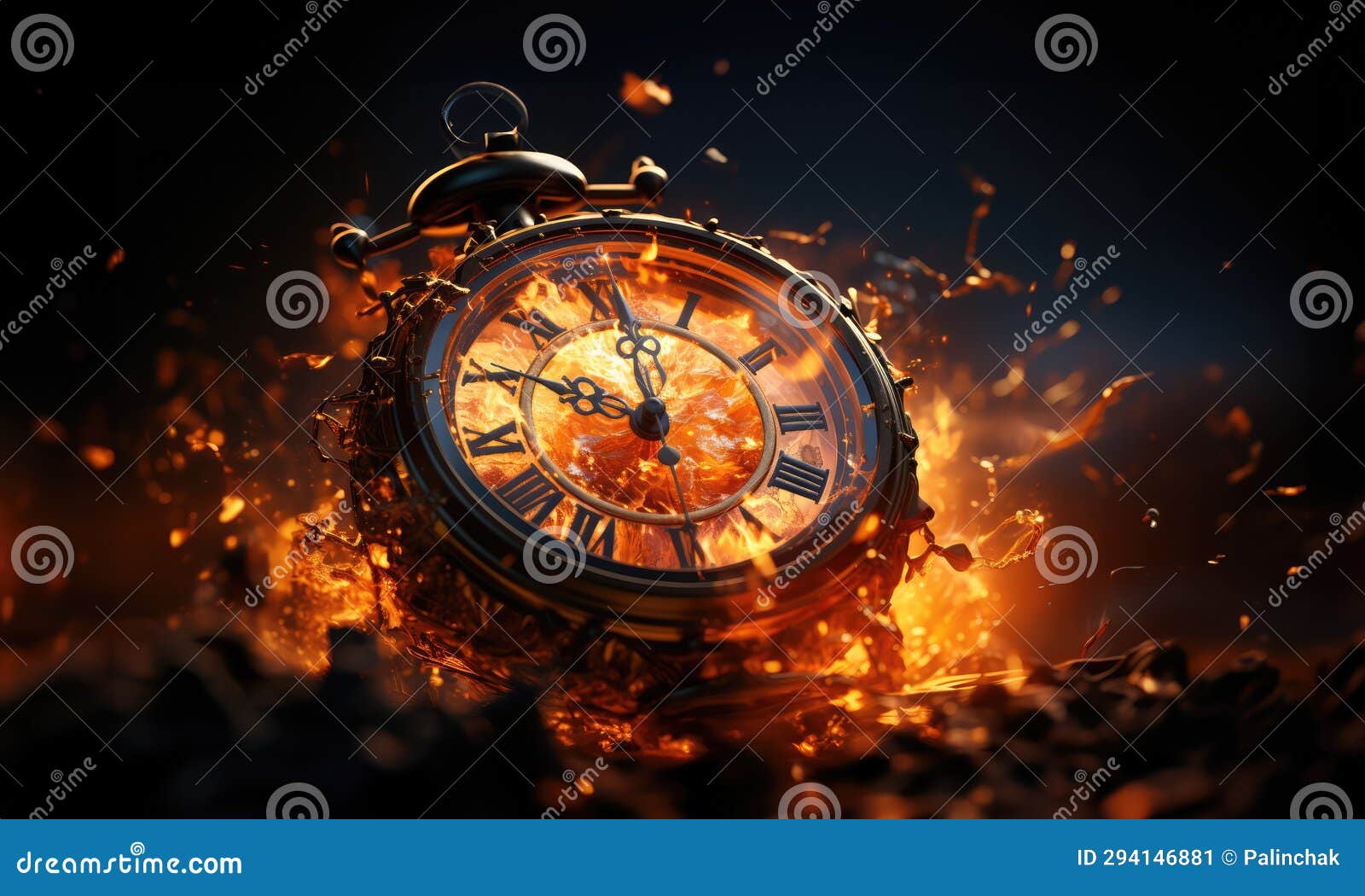 Burnt Time. A Clock Engulfed In Flames Against A Dark Background Stock ...