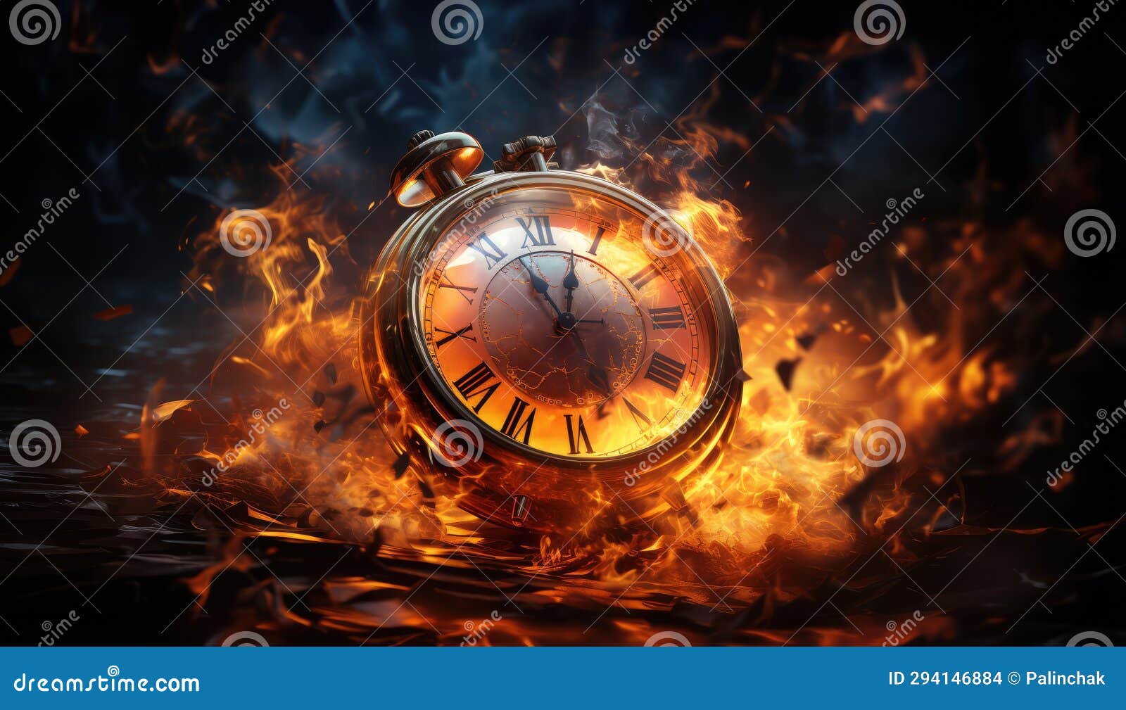 Burnt Time. A Clock Engulfed In Flames Against A Dark Background Stock ...