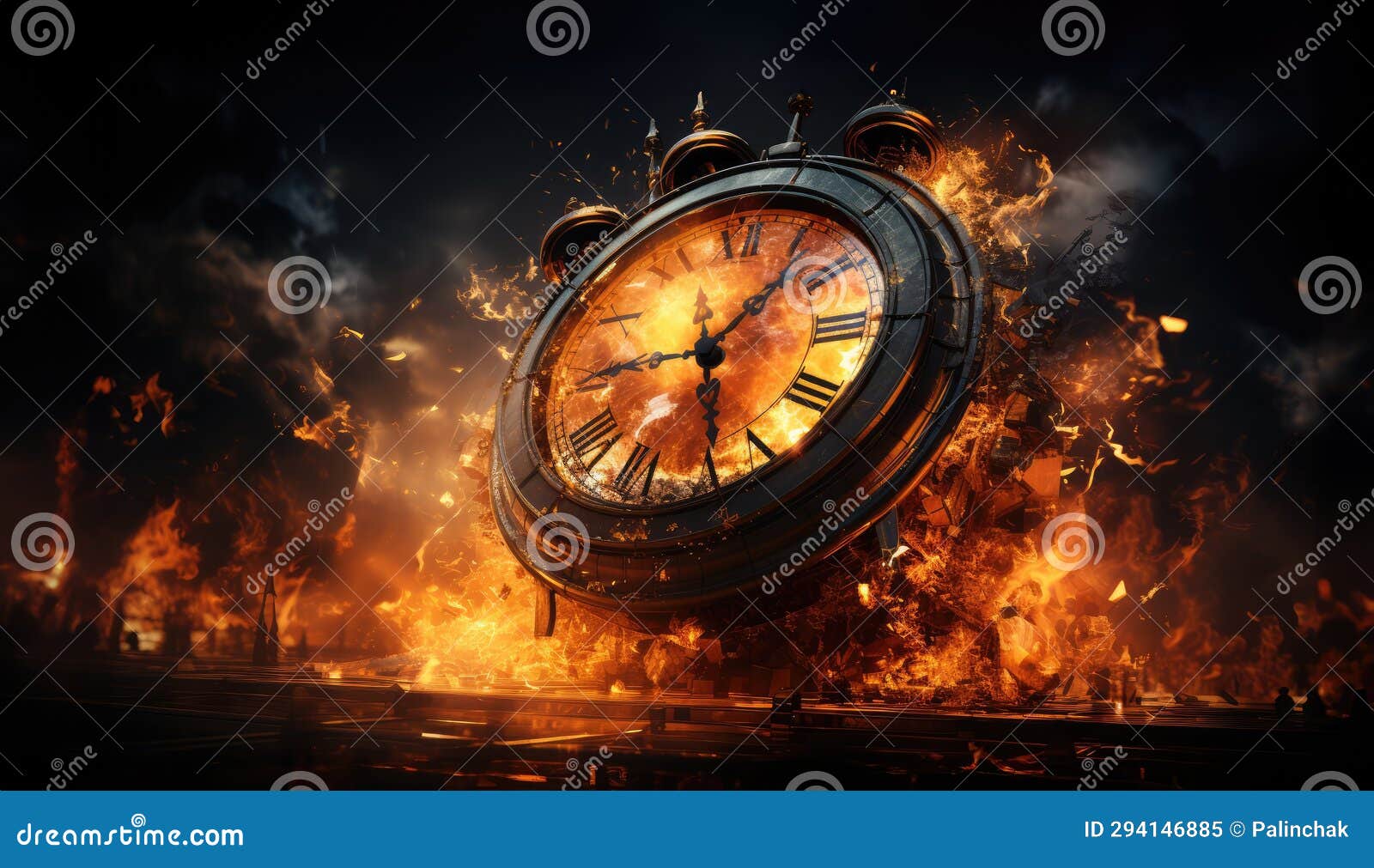 Burnt Time. A Clock Engulfed In Flames Against A Dark Background ...