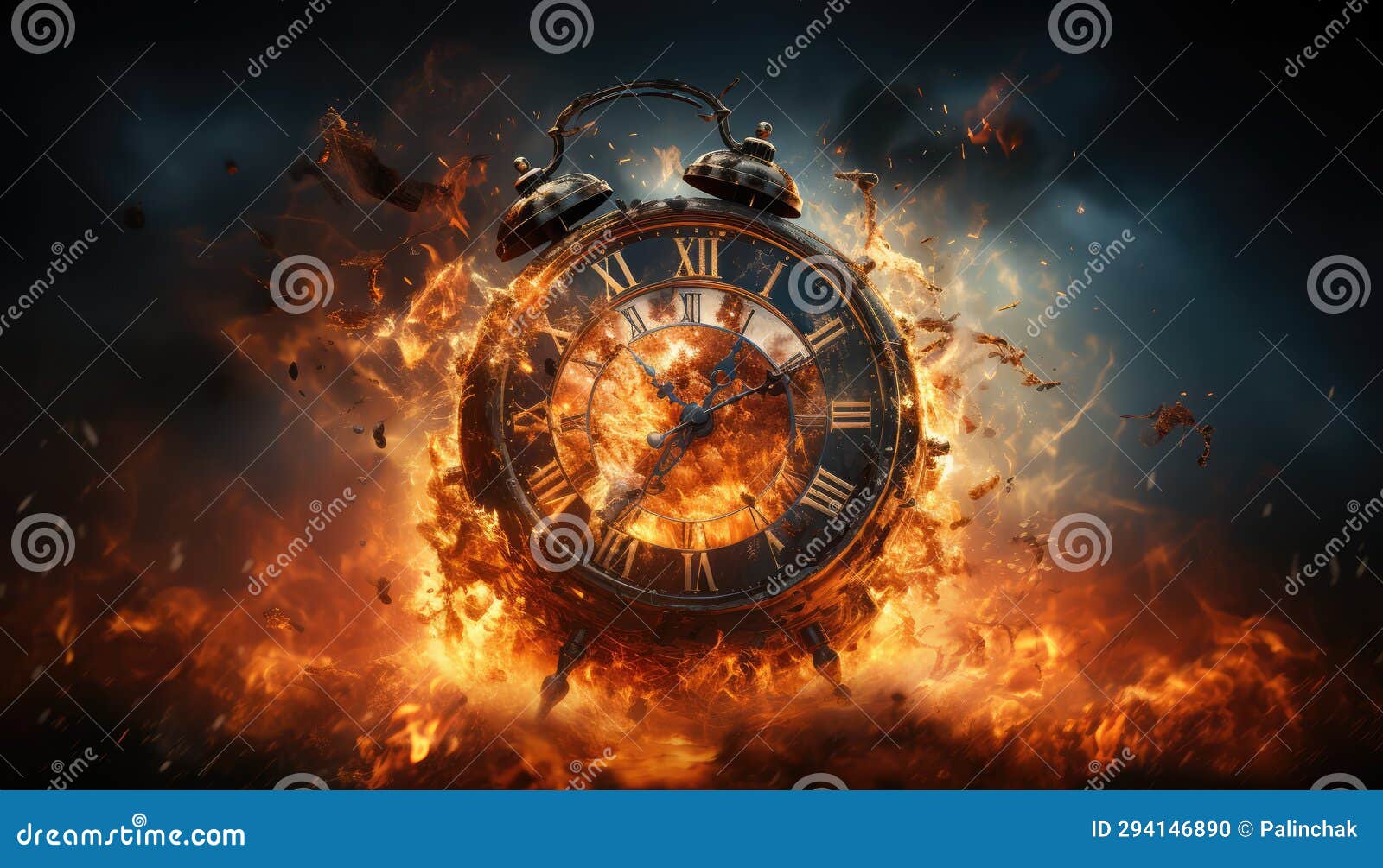 Burnt Time. A Clock Engulfed In Flames Against A Dark Background Stock ...