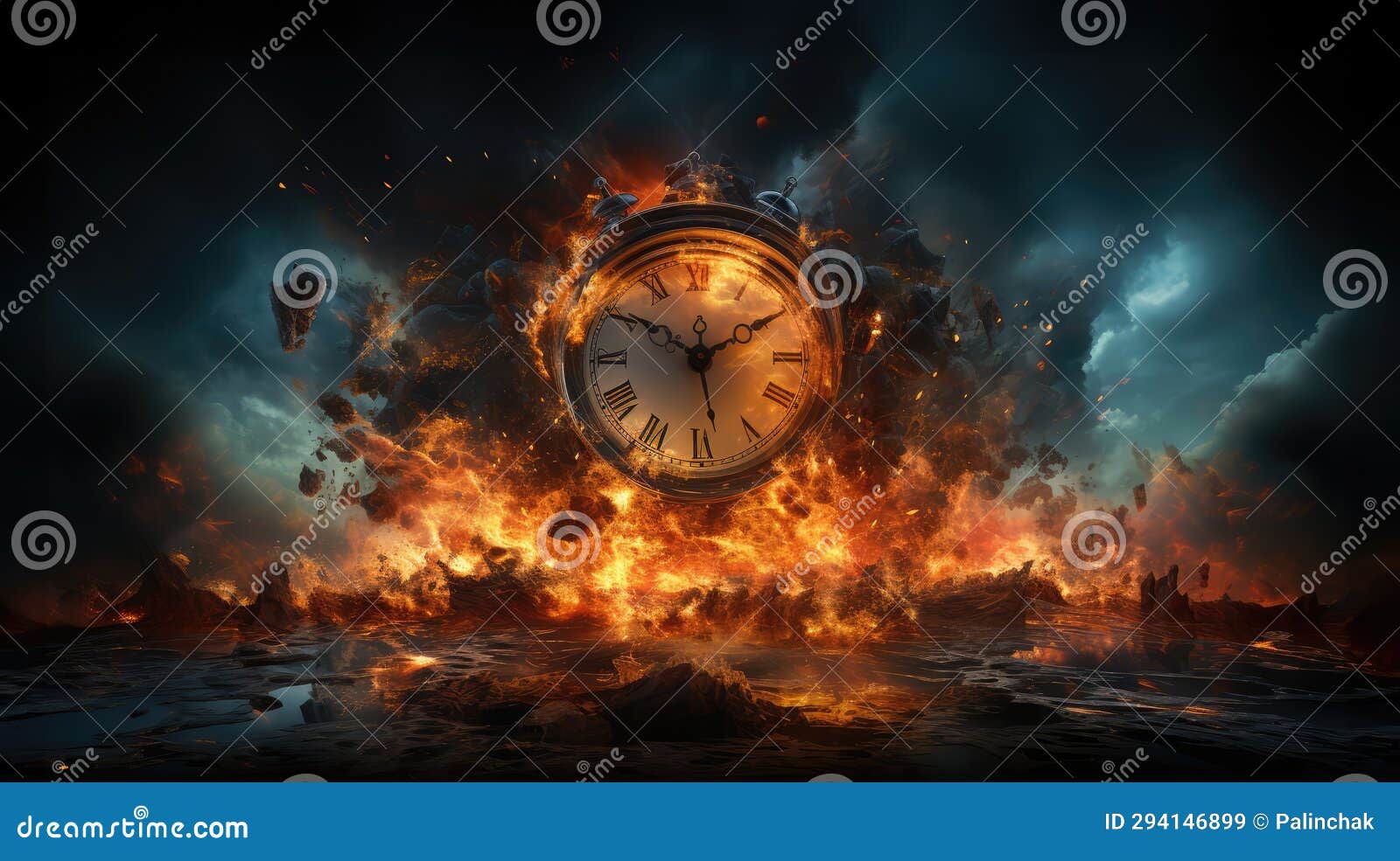 Burnt Time. a Clock Engulfed in Flames Against a Dark Background Stock ...