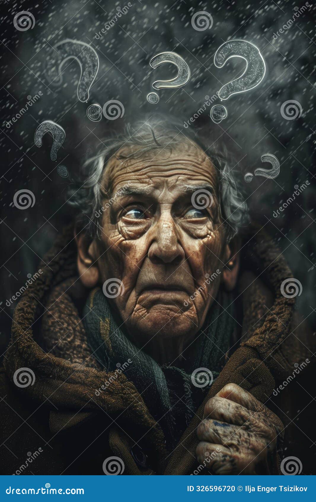 Lost and Uncertain Portrait of a Senior Man with Question Marks ...