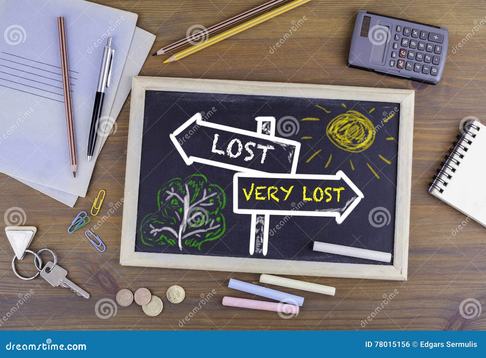 Lost - Very Lost Signpost Drawn on a Blackboard Stock Photo - Image of ...
