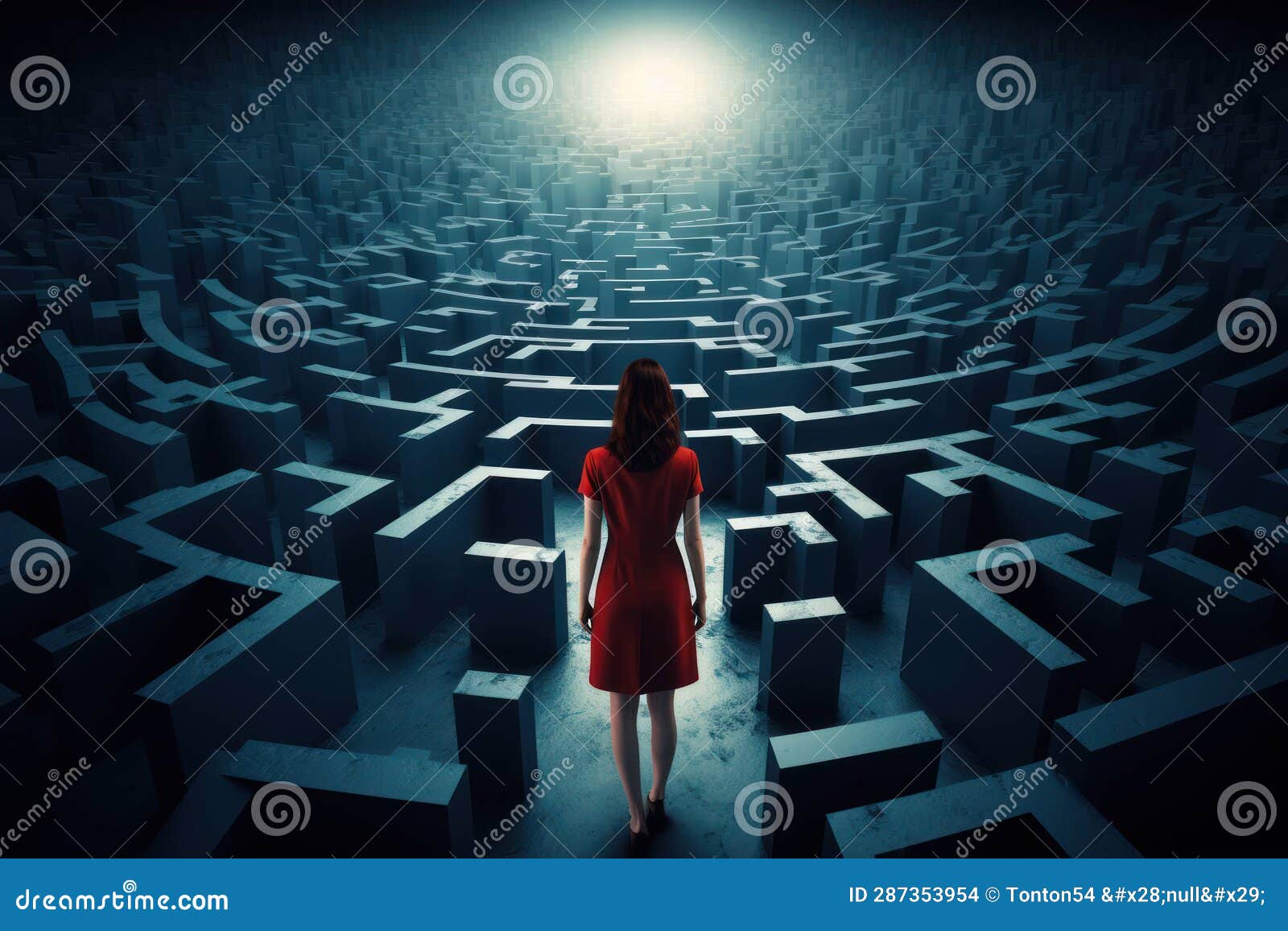 A Lost Woman Stands in a Dark Maze, Guided by Light Stock Illustration ...