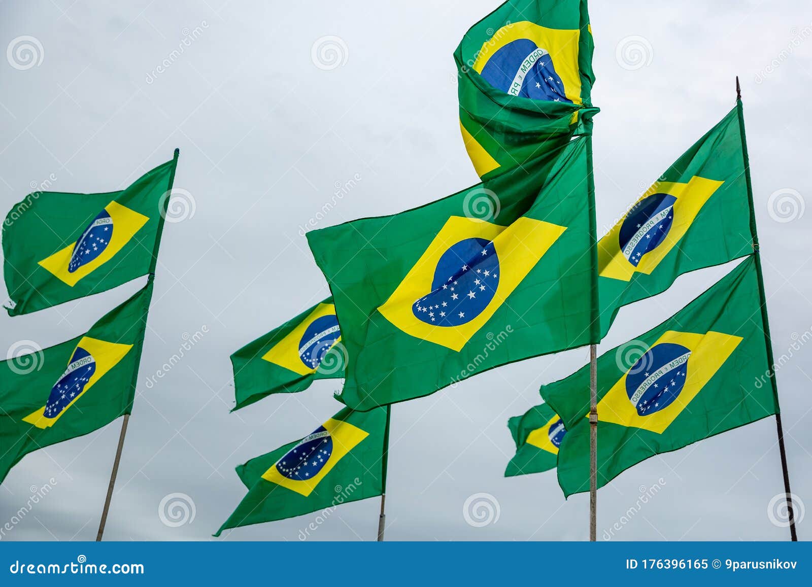A Lot of Brazilian Flags on Cloudy Sky Background Stock Image - Image ...