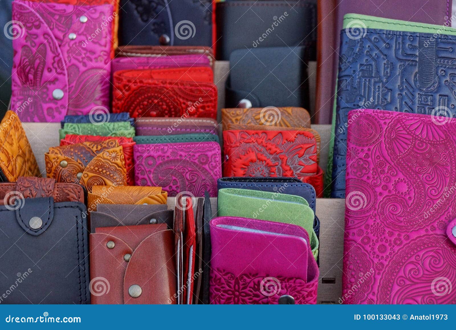 Colored Leather Purses in the Display Case Stock Image - Image of ...