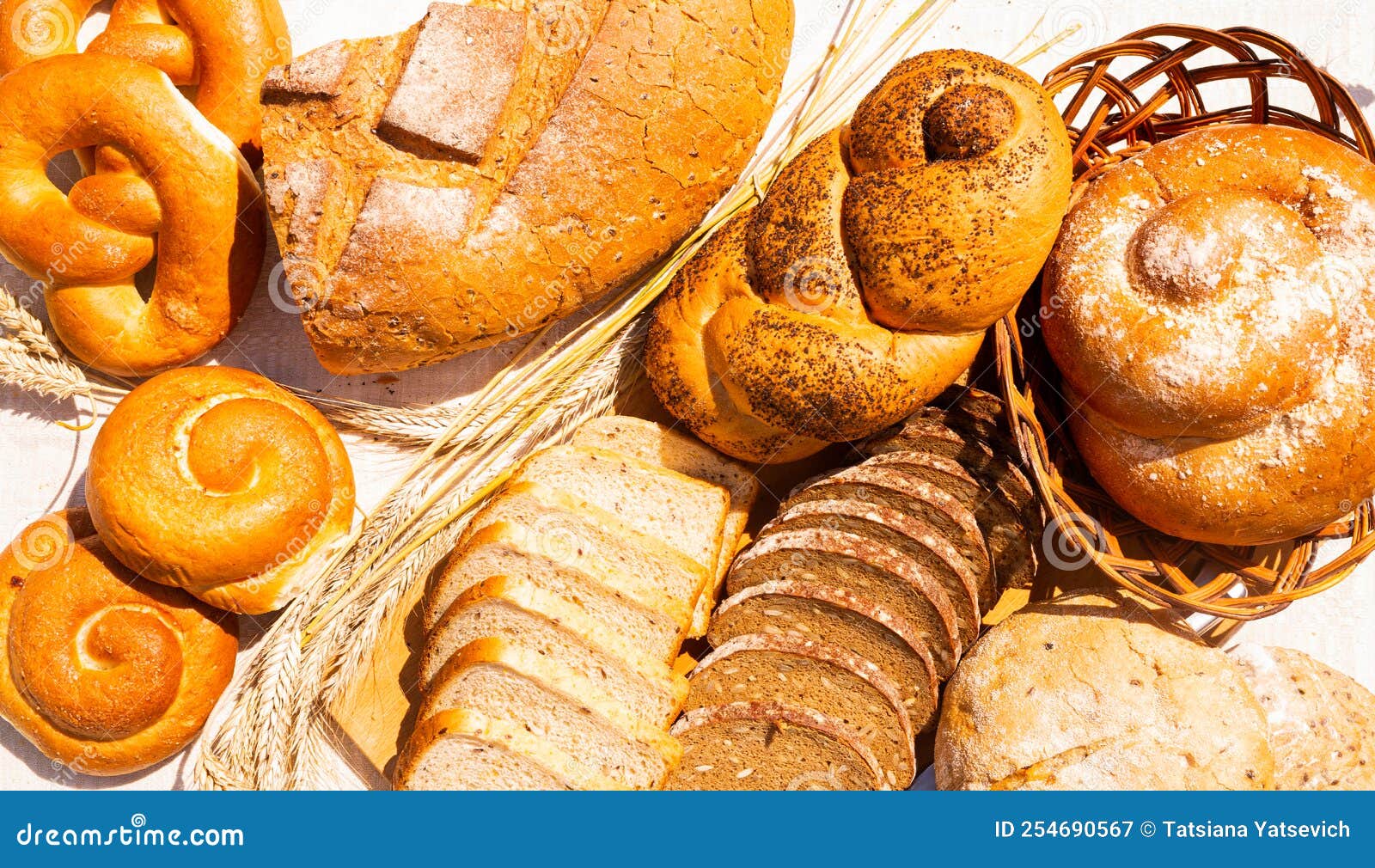 Lot of Different Flavored Bread, Wheat, Rye, on the Table in the Field ...